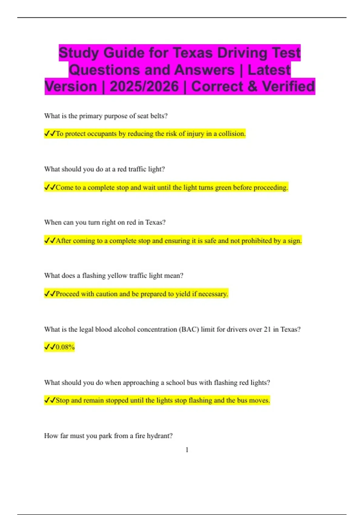 Study Guide for Texas Driving Test Questions and Answers | Latest ...