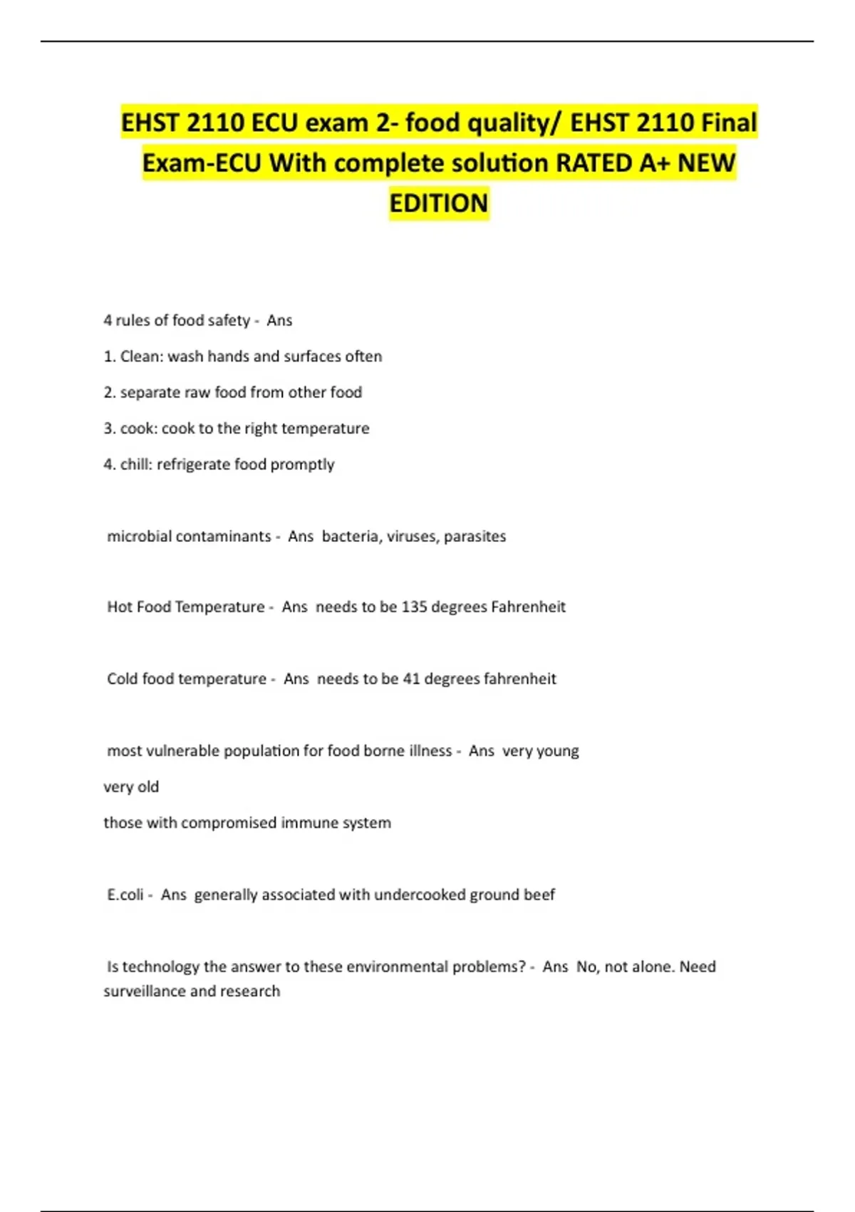 EHST 2110 ECU exam 2- food quality/ EHST 2110 Final Exam-ECU With ...