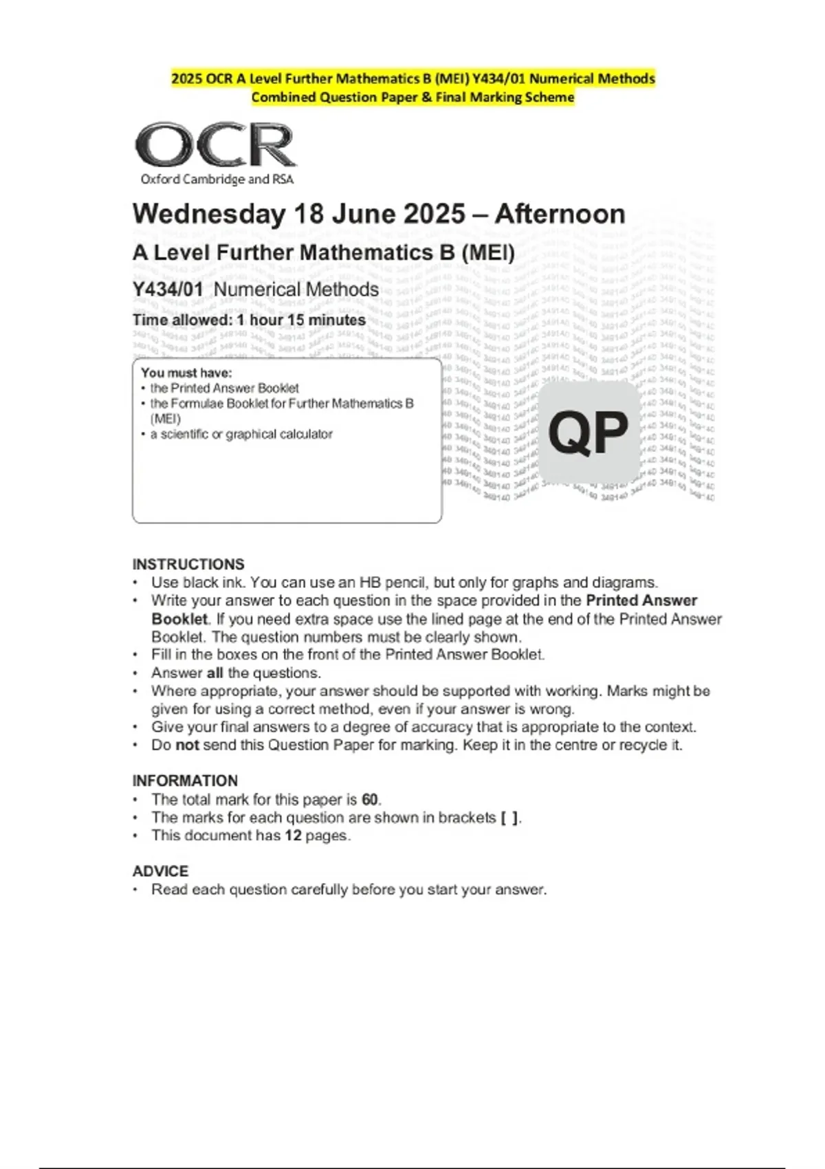 2025 OCR A Level Further Mathematics B (MEI) Y434/01 Numerical Methods ...