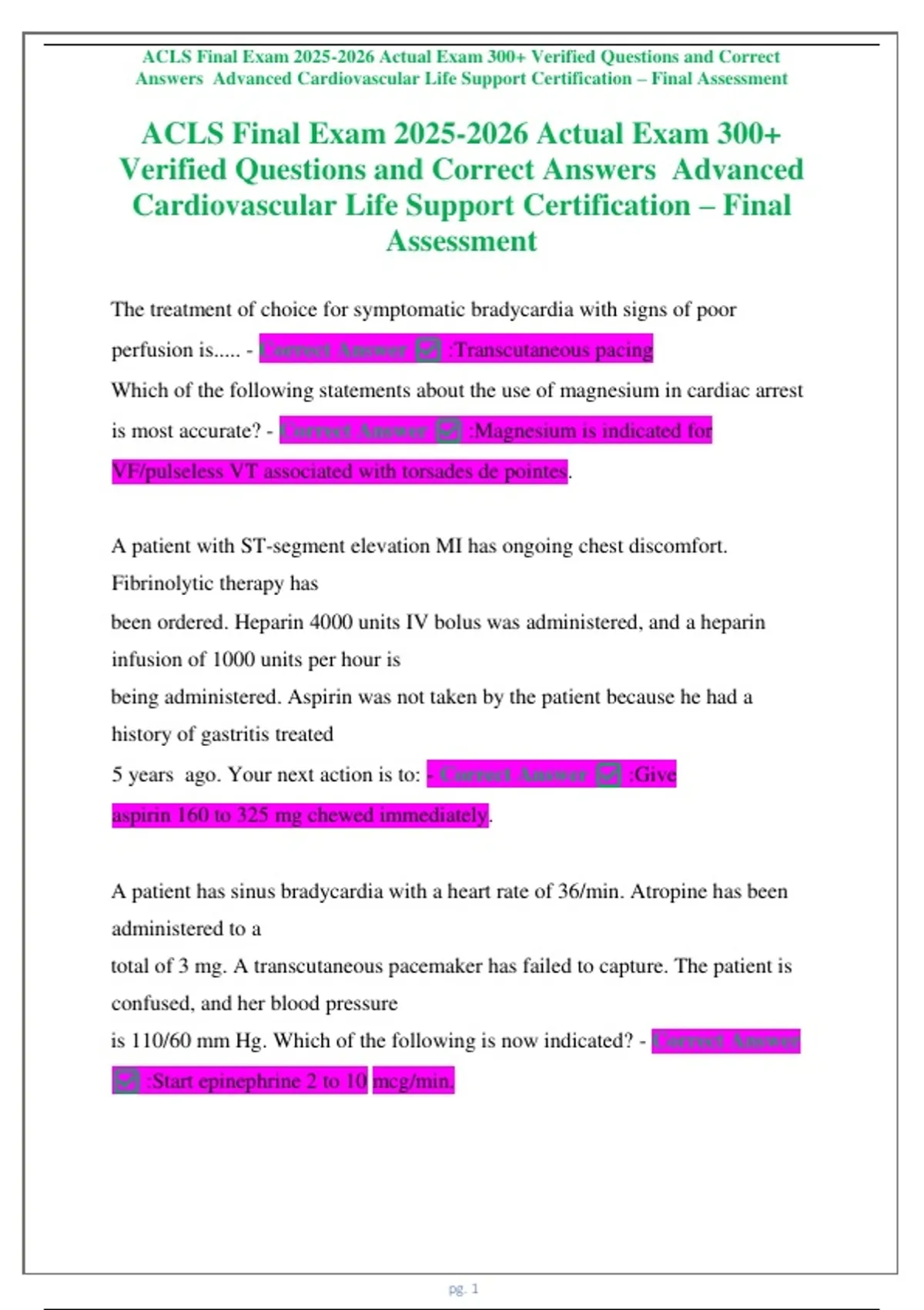 ACLS Final Exam Actual Exam 300+ Verified Questions and Correct Answers ...