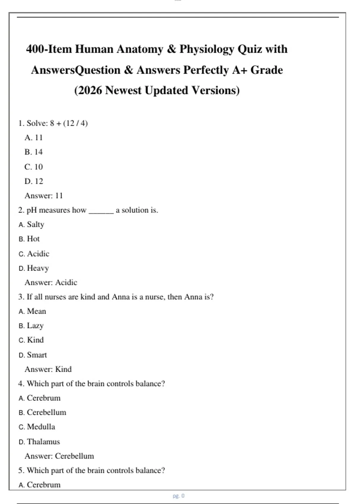 400-Item Human Anatomy & Physiology Quiz with AnswersQuestion & Answers ...