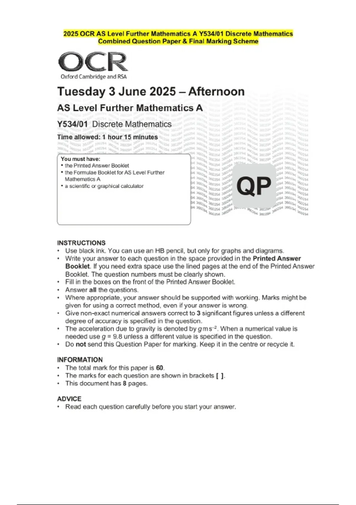 2025 OCR AS Level Further Mathematics A Y534/01 Discrete Mathematics ...