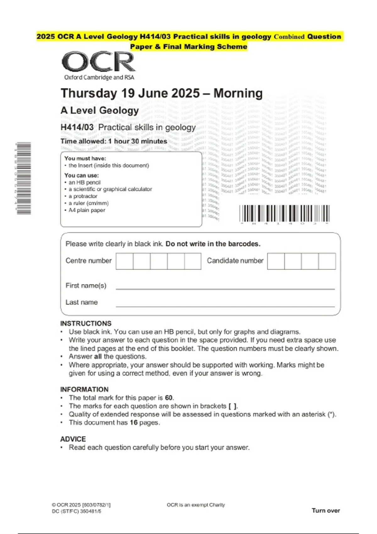 2025 OCR A Level Geology H414/03 Practical skills in geology Question Paper & Marking Scheme ...