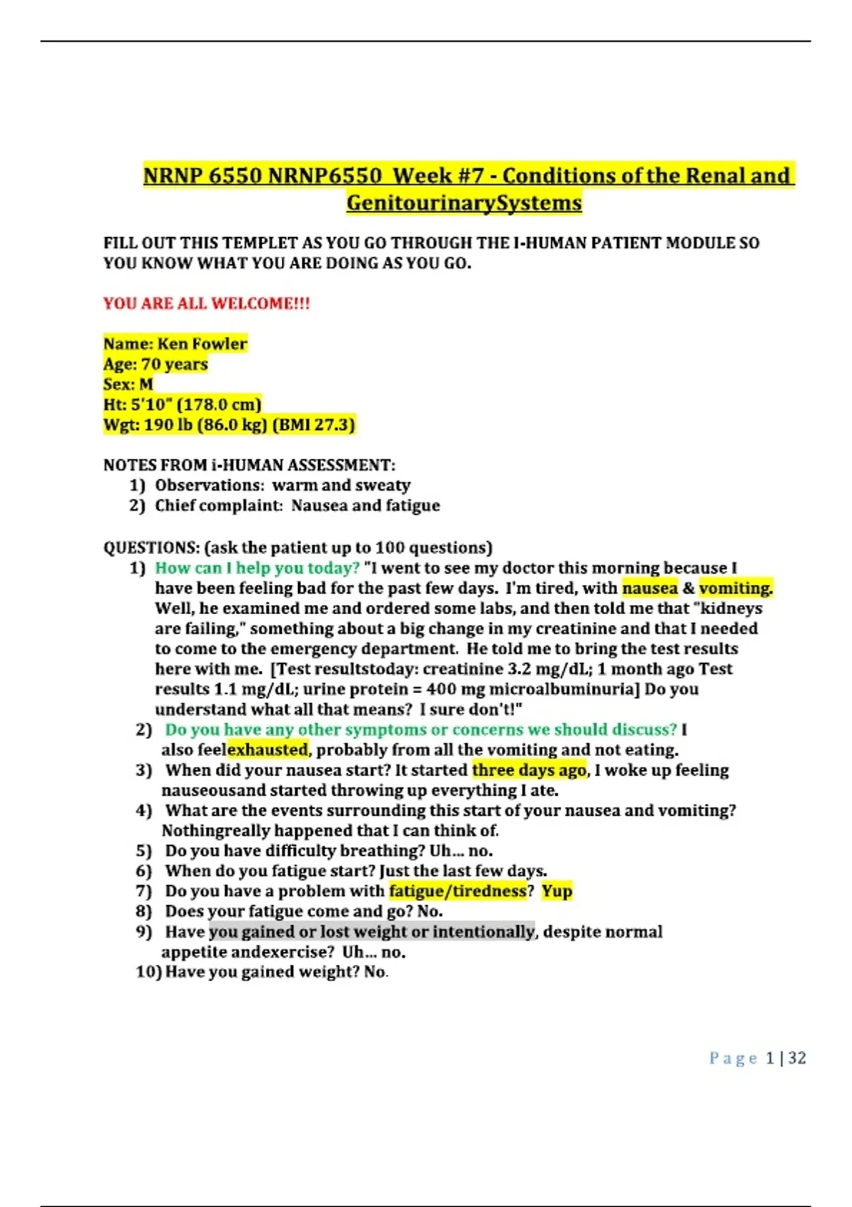 2026/ 2027 NRNP 6550 Week 7 Conditions of the Renal and Genitourinary ...