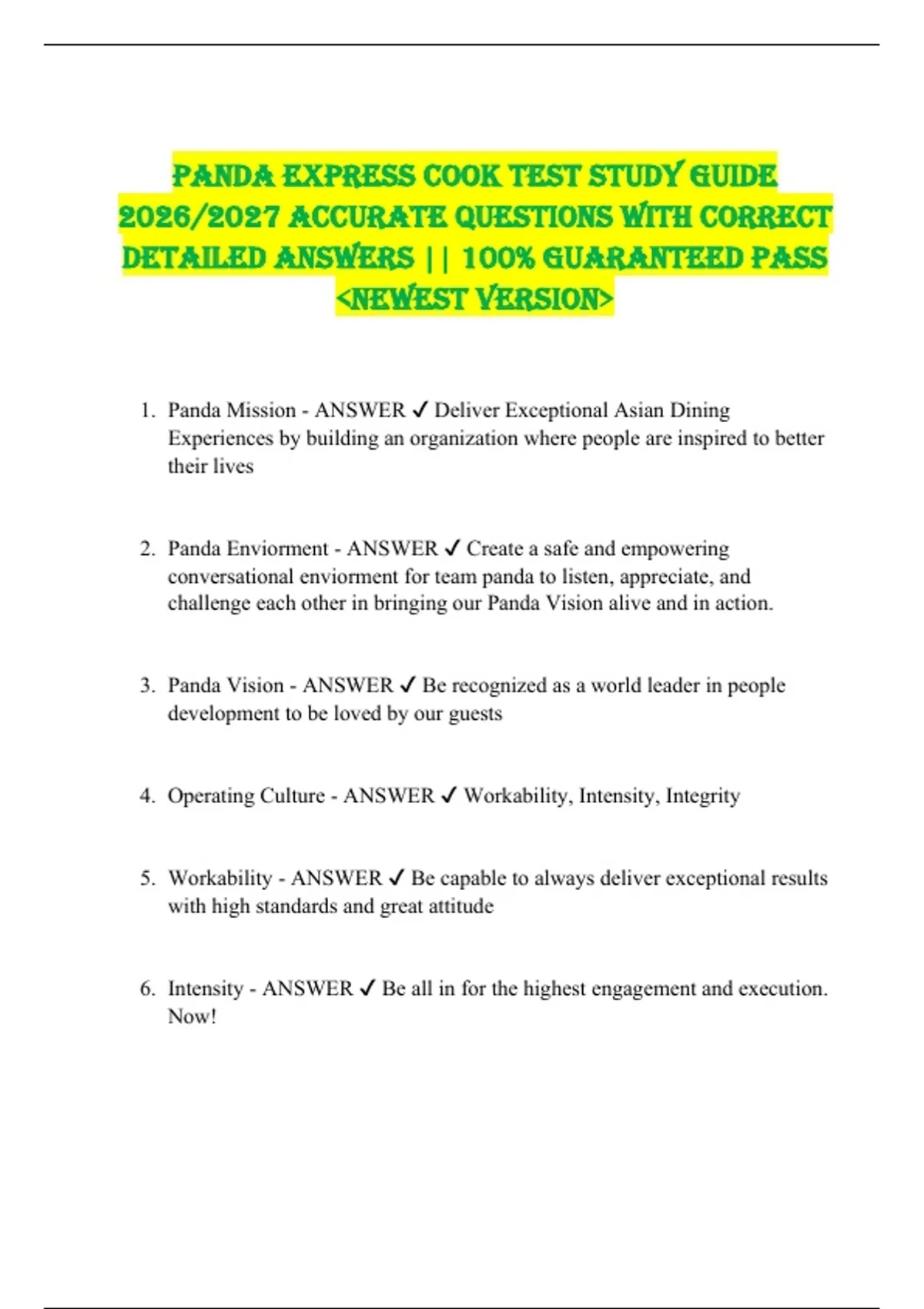 Panda Express Cook TEST STUDY GUIDE 2026/2027 ACCURATE QUESTIONS WITH ...