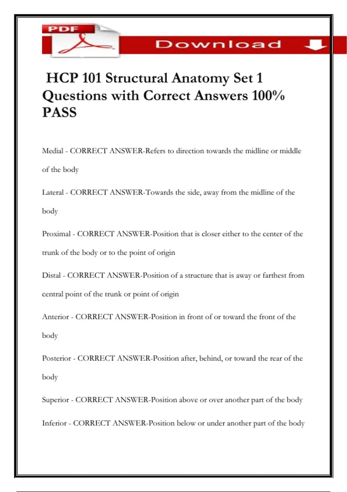 HCP 101 Structural Anatomy Set 1 Questions with Correct Answers 100% ...