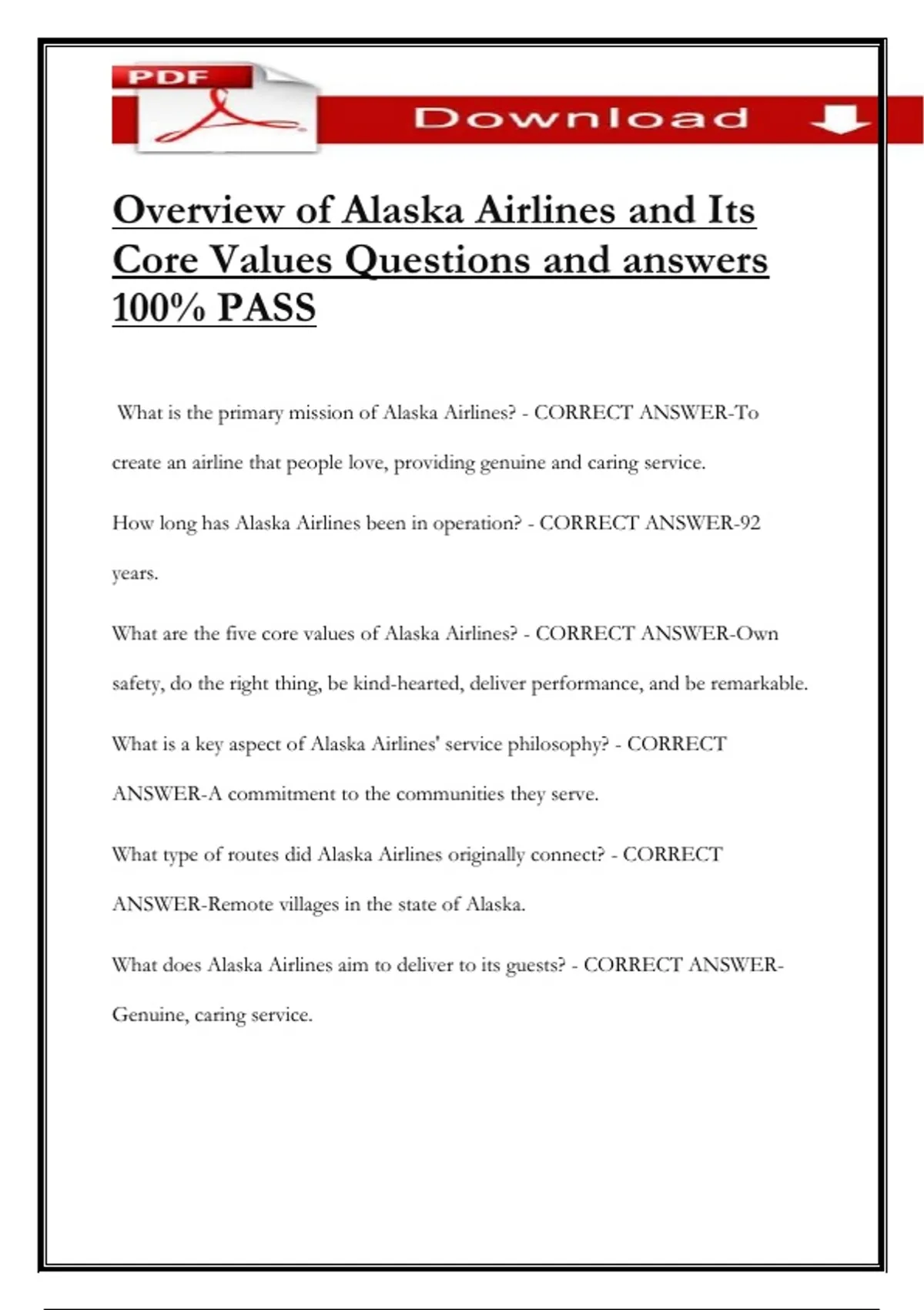 Overview of Alaska Airlines and Its Core Values Questions and answers ...