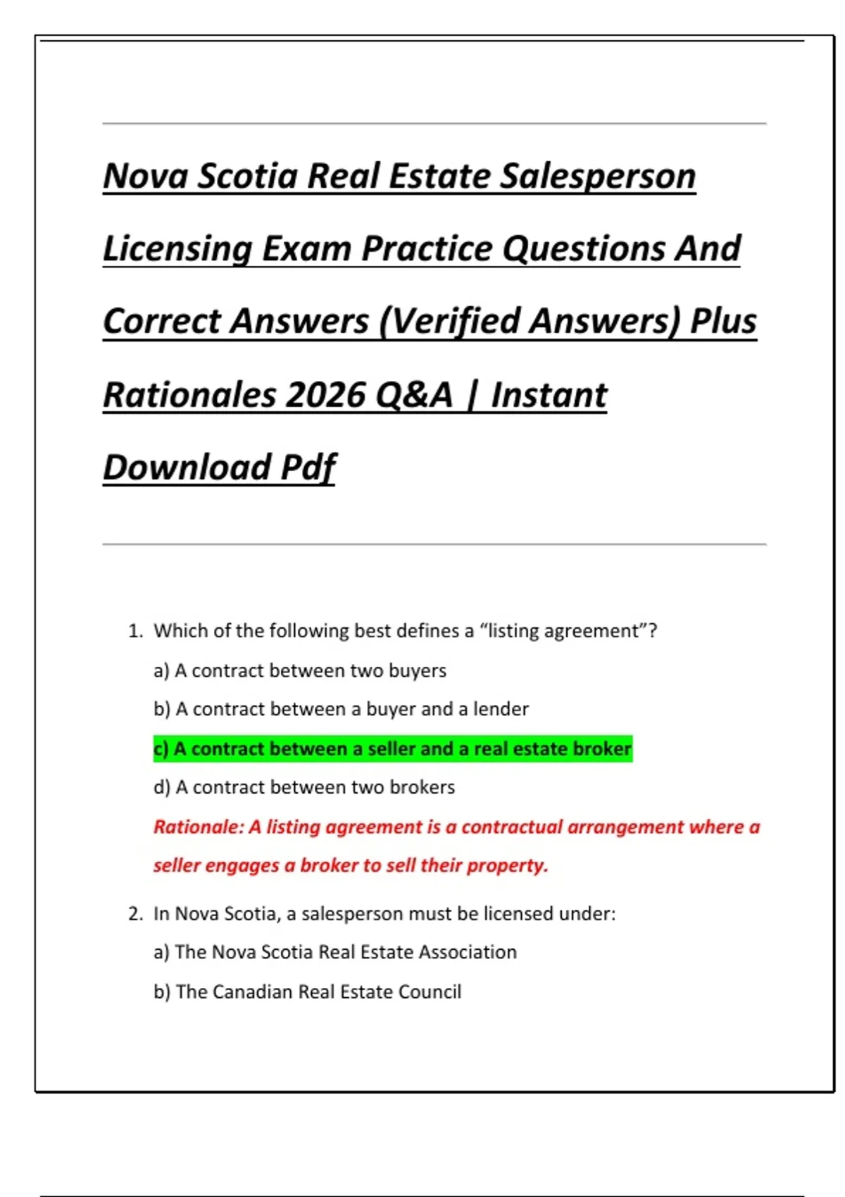 Nova Scotia Real Estate Salesperson Licensing Exam Practice Questions ...