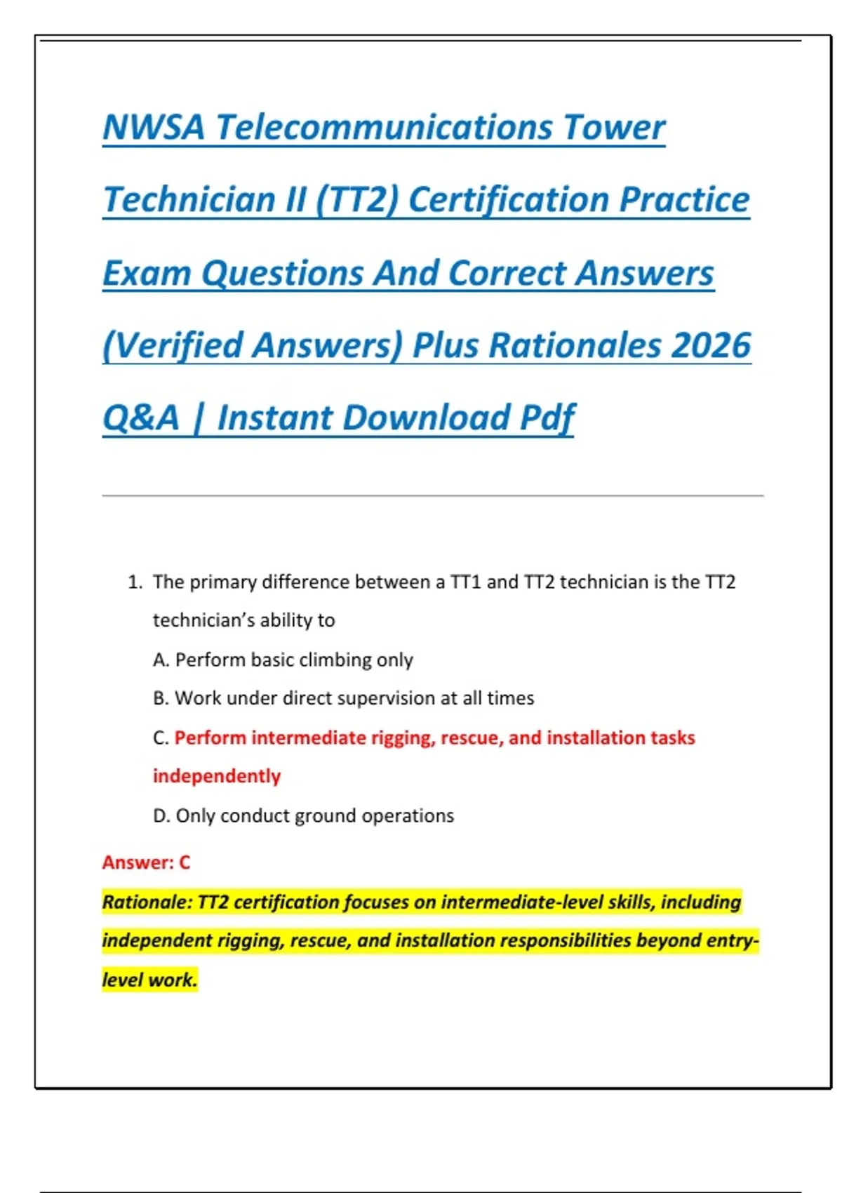 NWSA Telecommunications Tower Technician II (TT2) Certification ...