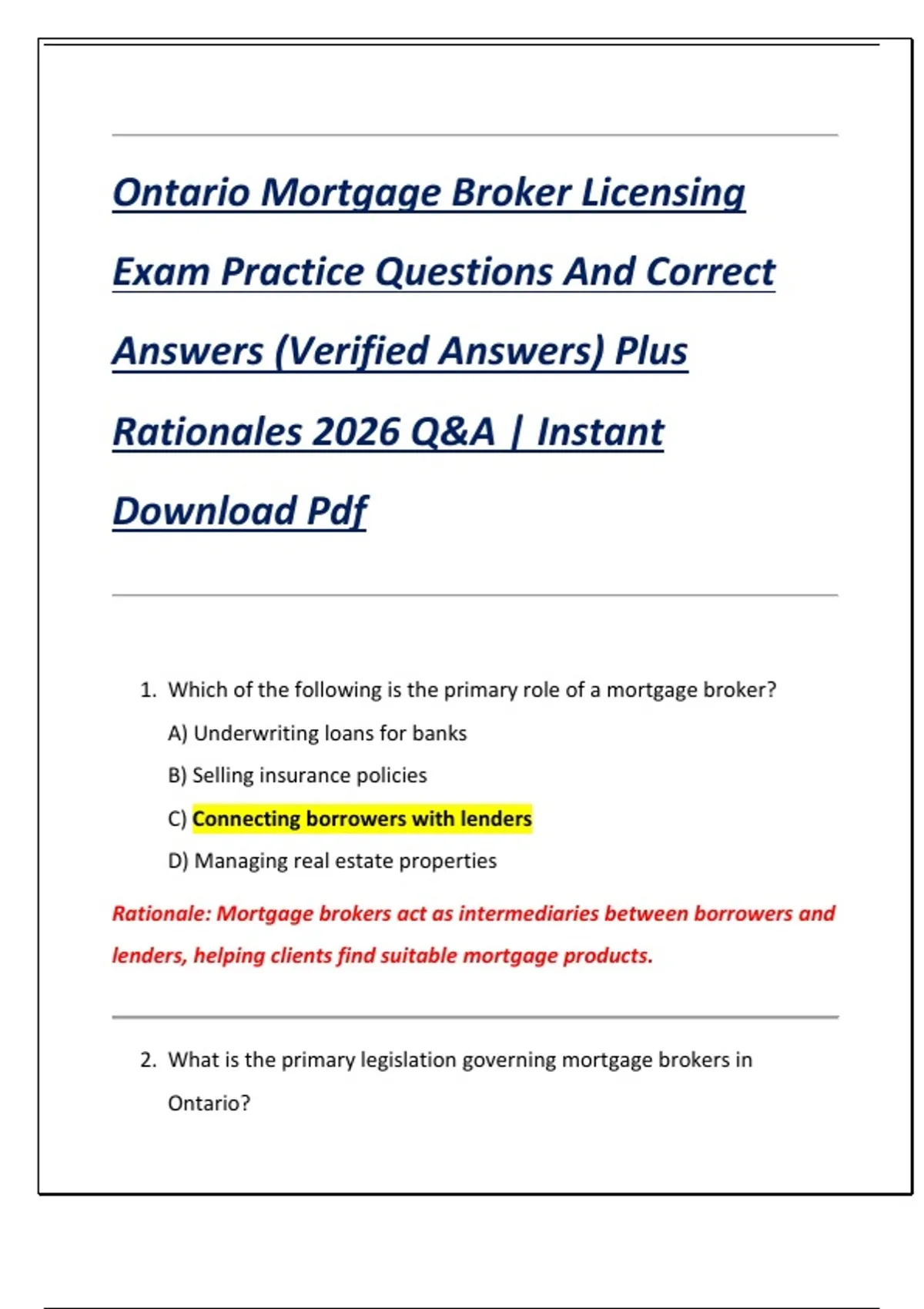 Ontario Mortgage Broker Licensing Exam Practice Questions And Correct ...