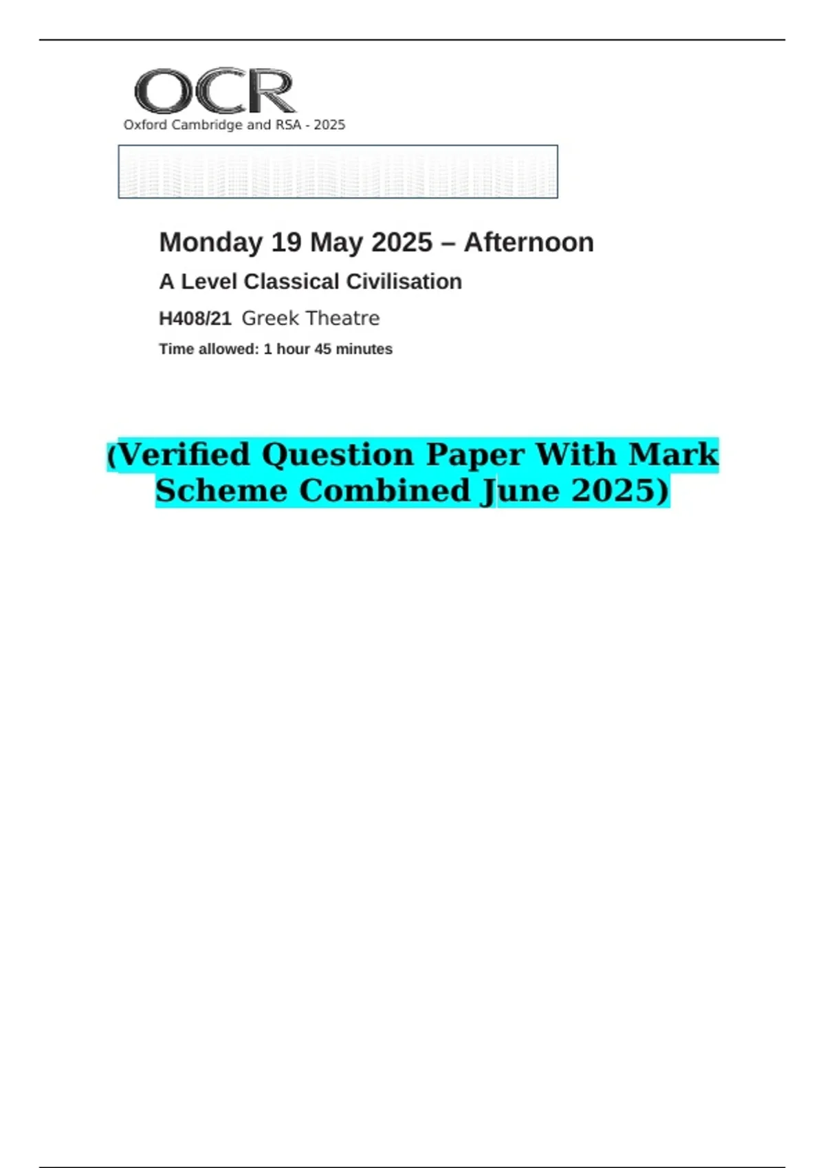 2025 A Level Classical Civilisation H408/21 Greek Theatre (Verified ...