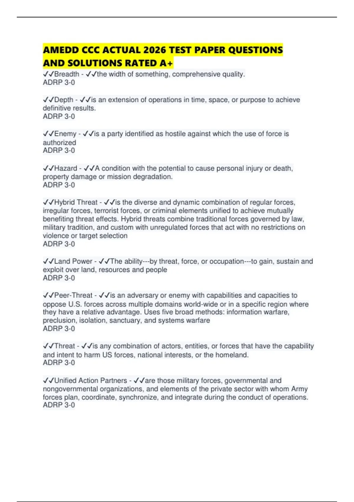 AMEDD CCC ACTUAL 2026 TEST PAPER QUESTIONS AND SOLUTIONS RATED A+ ...