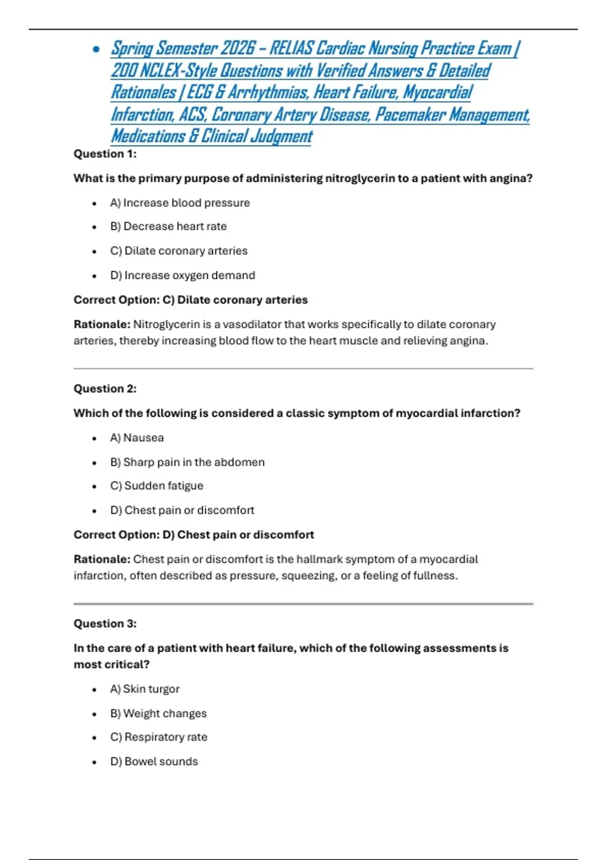 Spring Semester 2026 – RELIAS Cardiac Nursing Practice Exam | 200 NCLEX ...