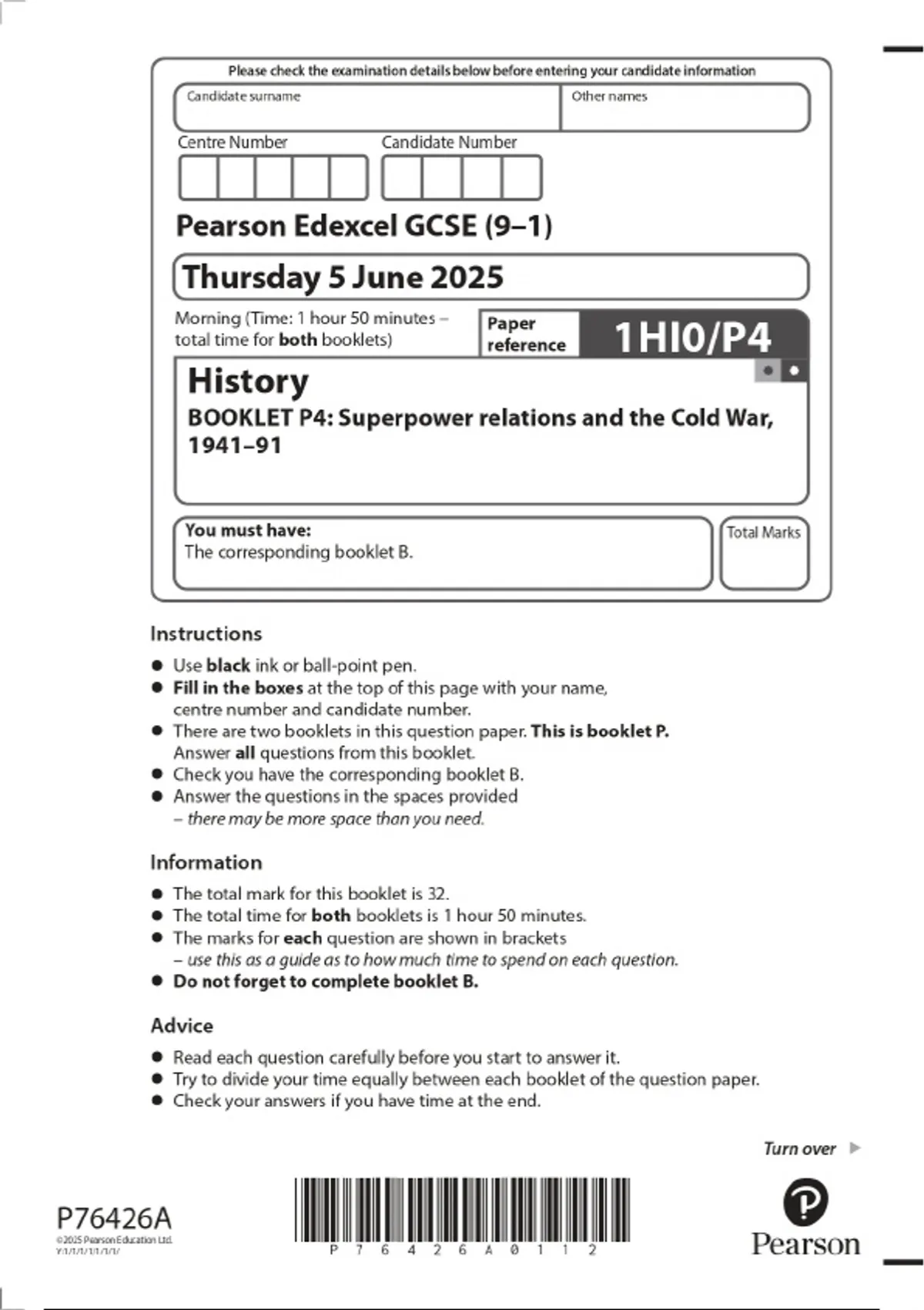 2025 Pearson Edexcel Level 1/Level 2 GCSE (9–1) History BOOKLET P4 ...