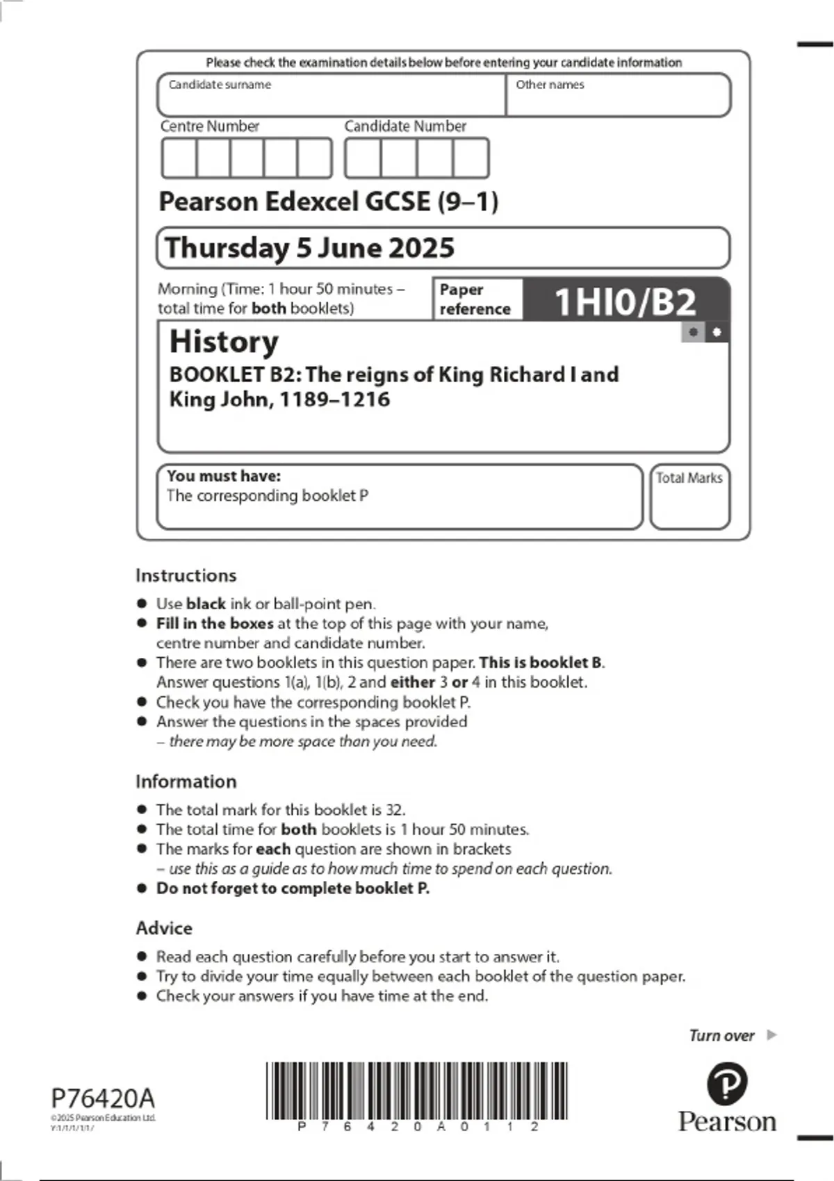 2025 Pearson Edexcel Level 1/Level 2 GCSE (9–1) History BOOKLET B2: The ...