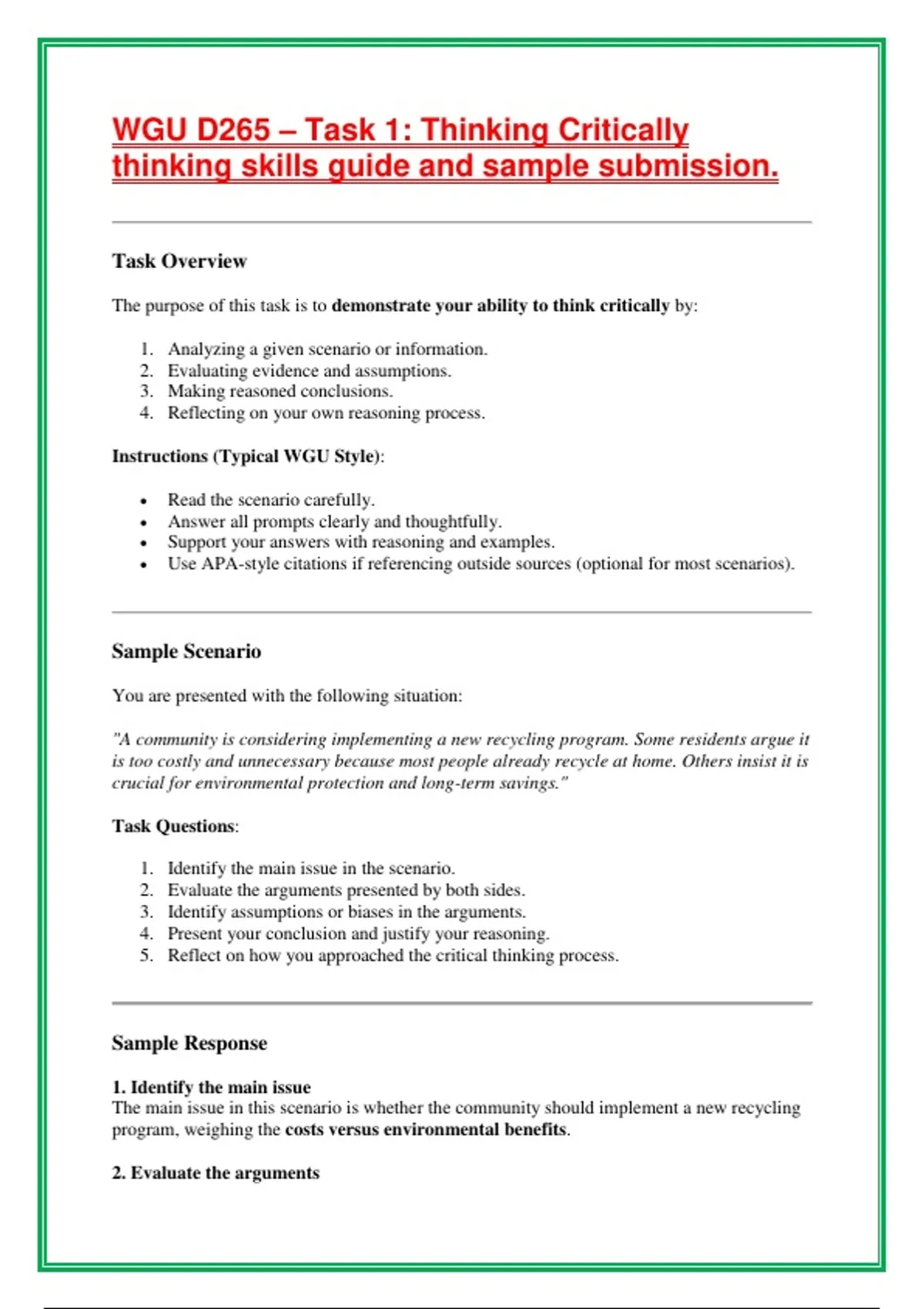 WGU D265 – Task 1: Thinking Critically thinking skills guide and sample ...