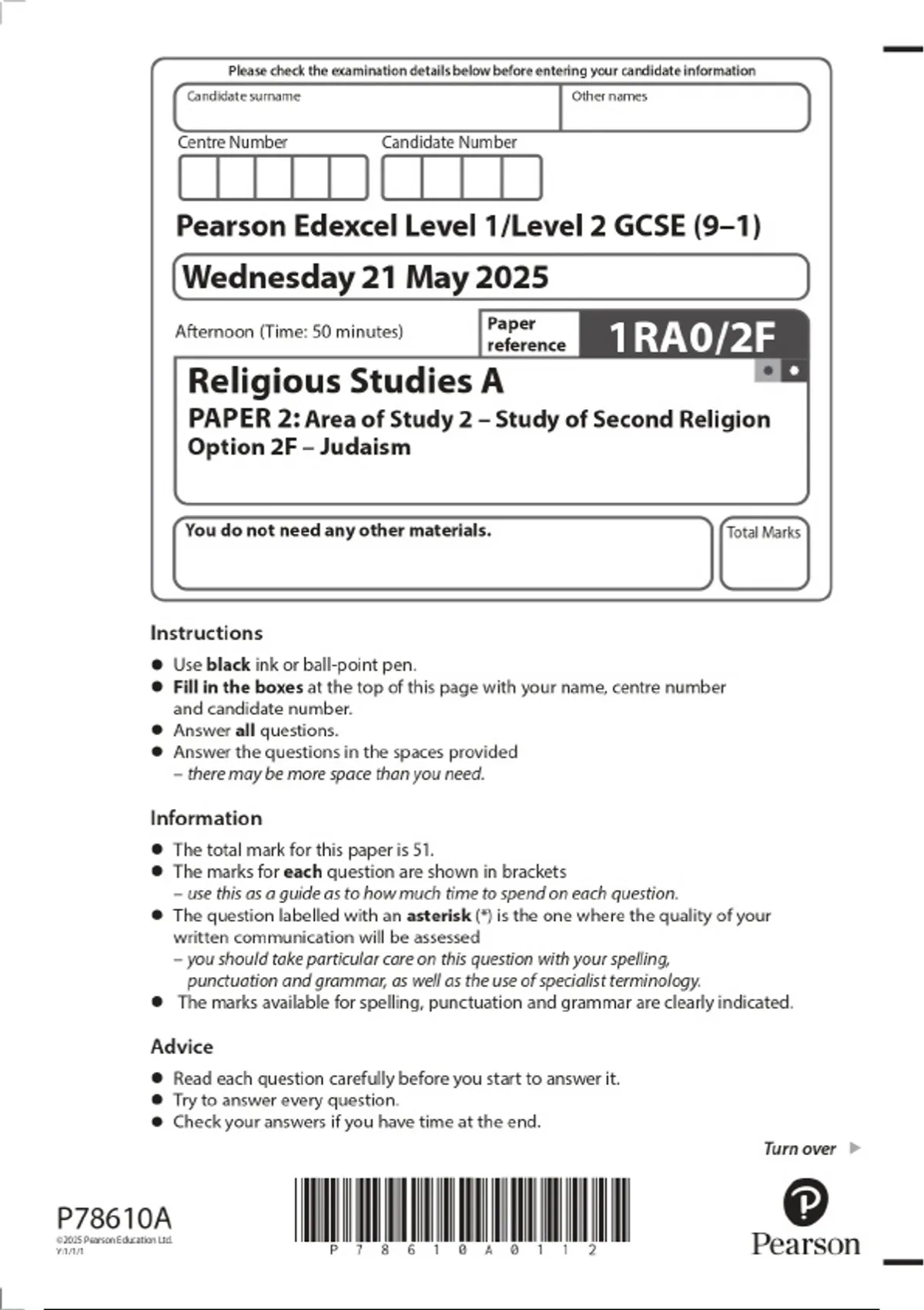 2025 Pearson Edexcel Level 1/Level 2 GCSE (9–1) Religious Studies A ...