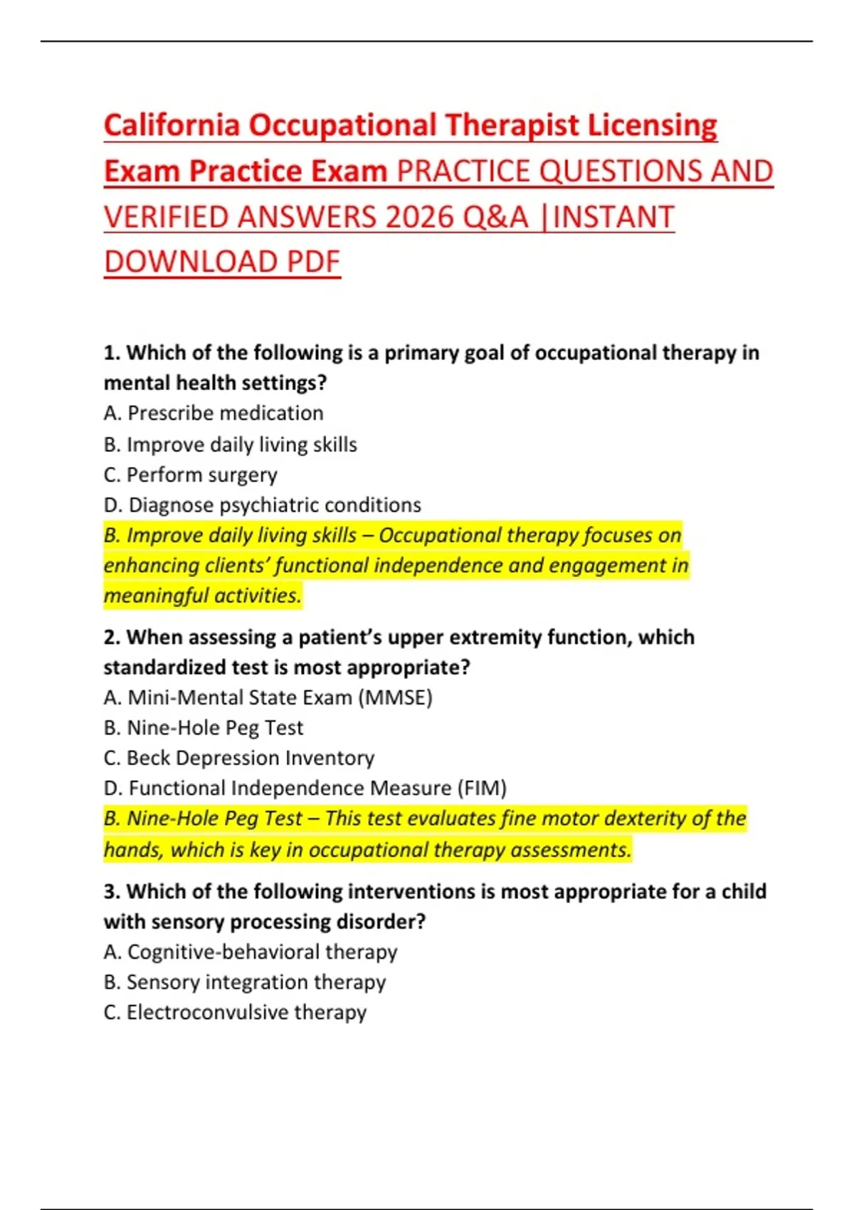 California Occupational Therapist Licensing Exam Practice Questions and ...