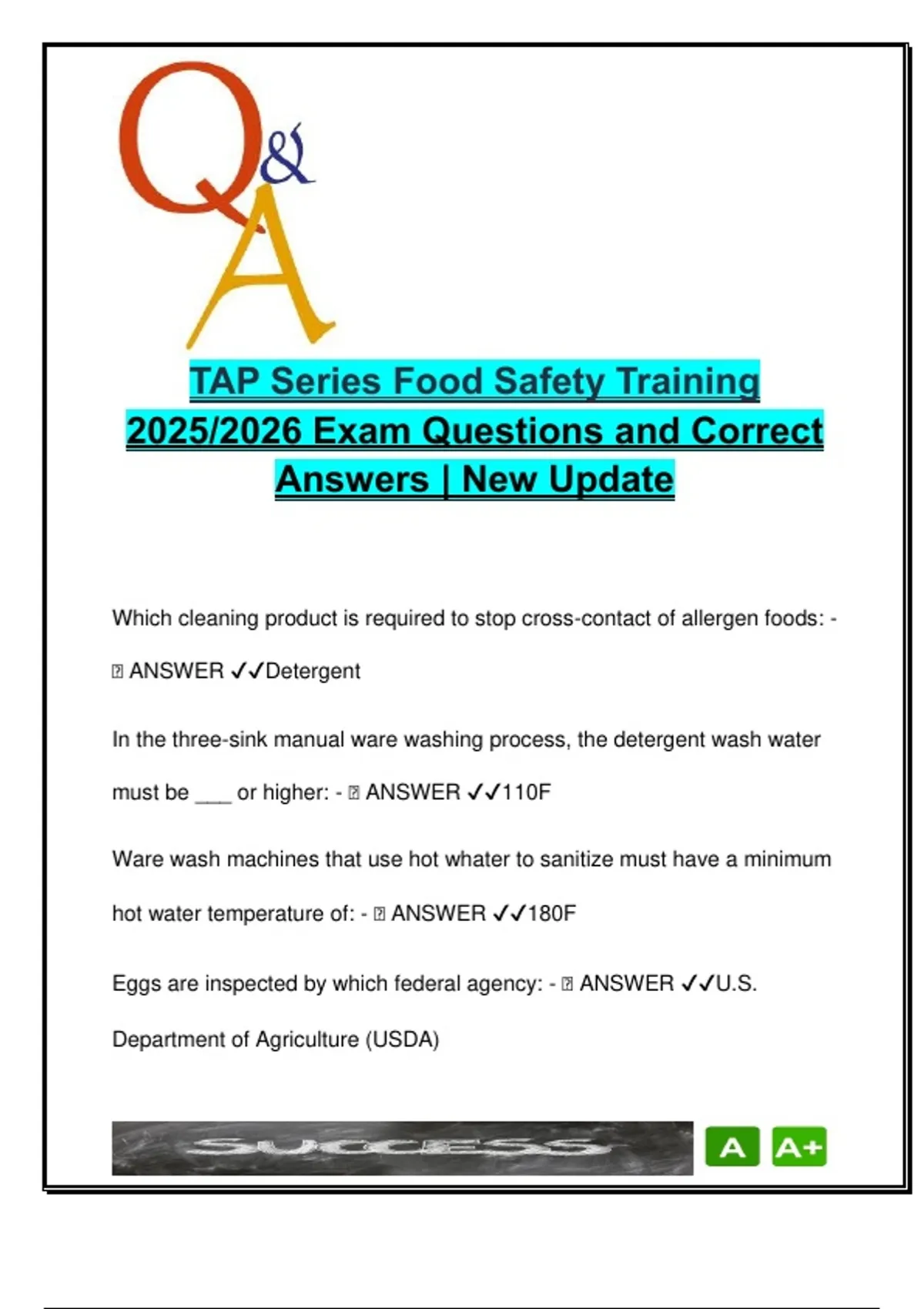 TAP Series Food Safety Training 2025/2026 – 200+ Updated Questions on ...