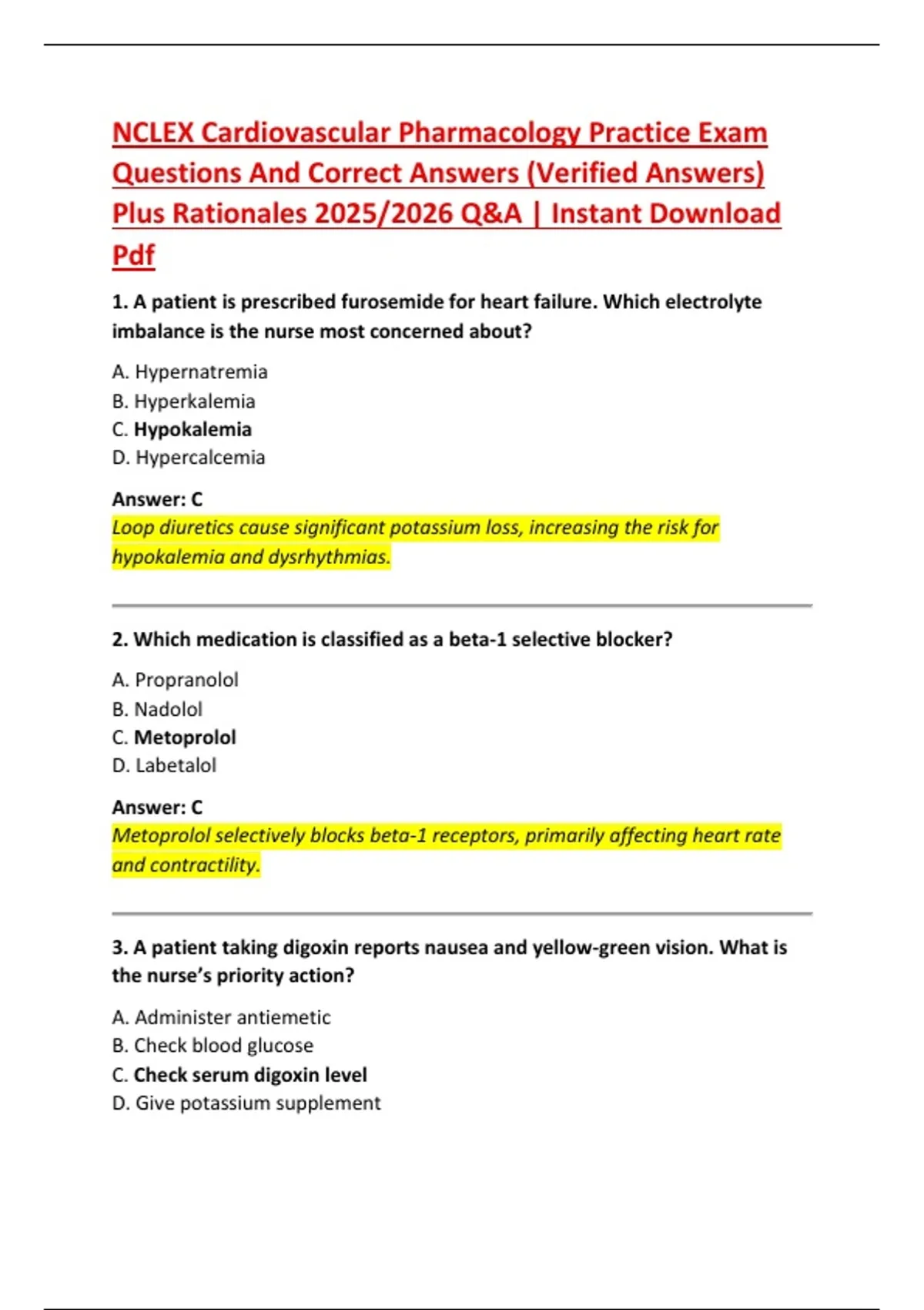 NCLEX Cardiovascular Pharmacology Practice Exam Questions And Correct ...