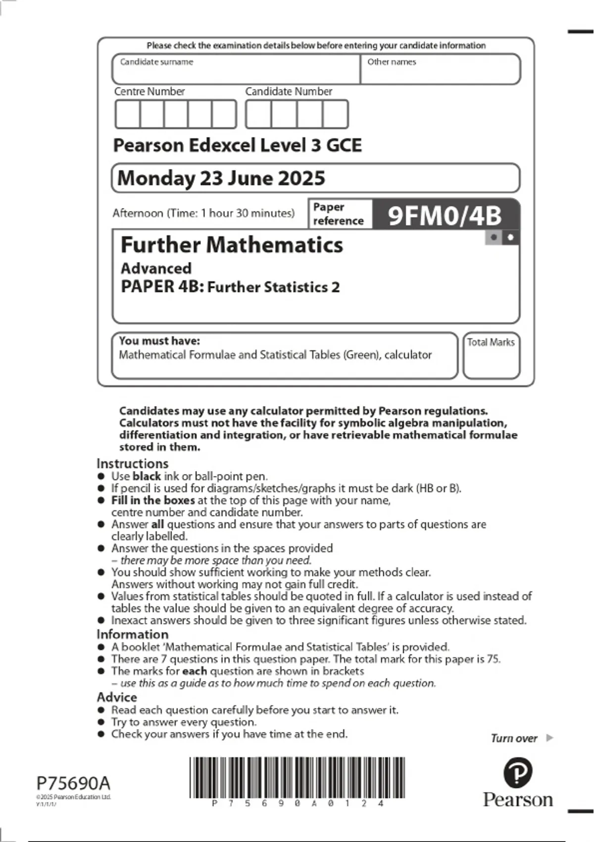 2025 Pearson Edexcel Level 3 Further Mathematics Advanced PAPER 4B ...