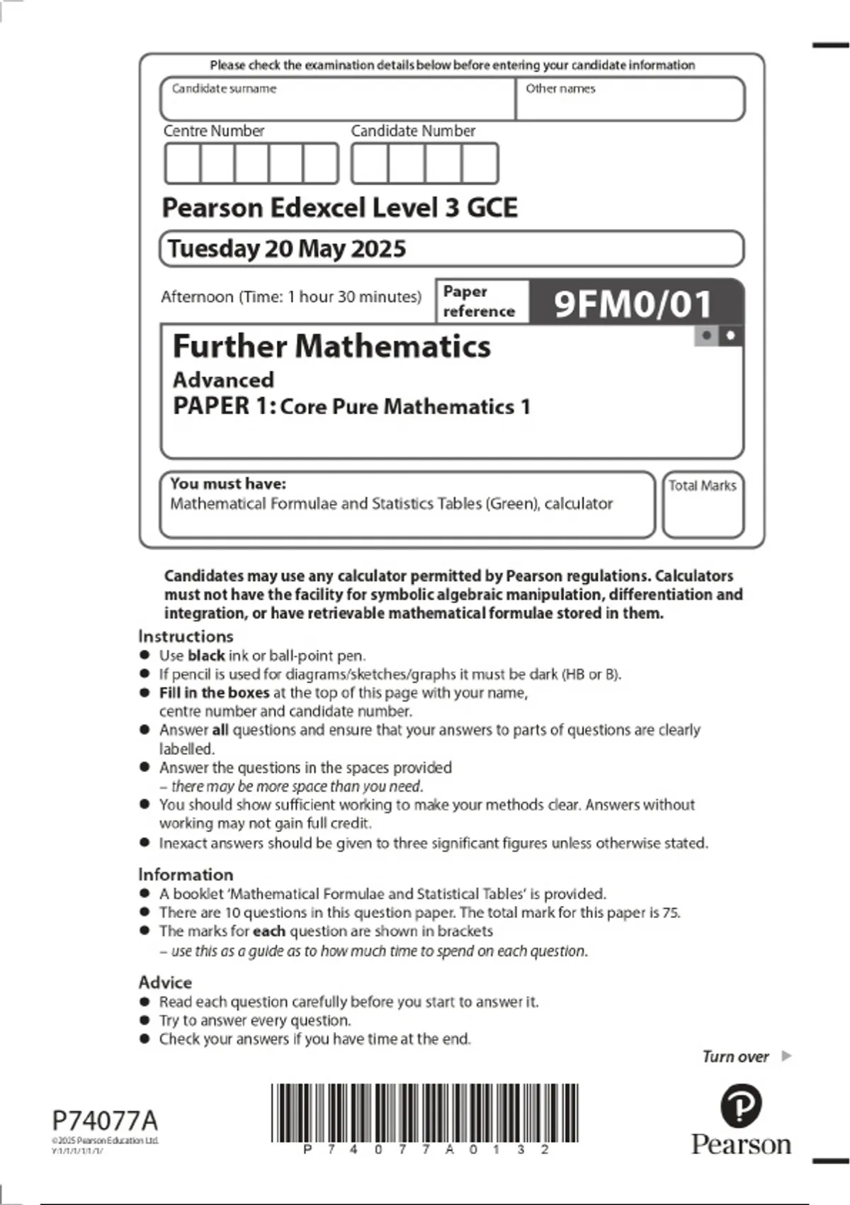 2025 Pearson Edexcel Level 3 Further Mathematics Advanced PAPER 1: Core ...
