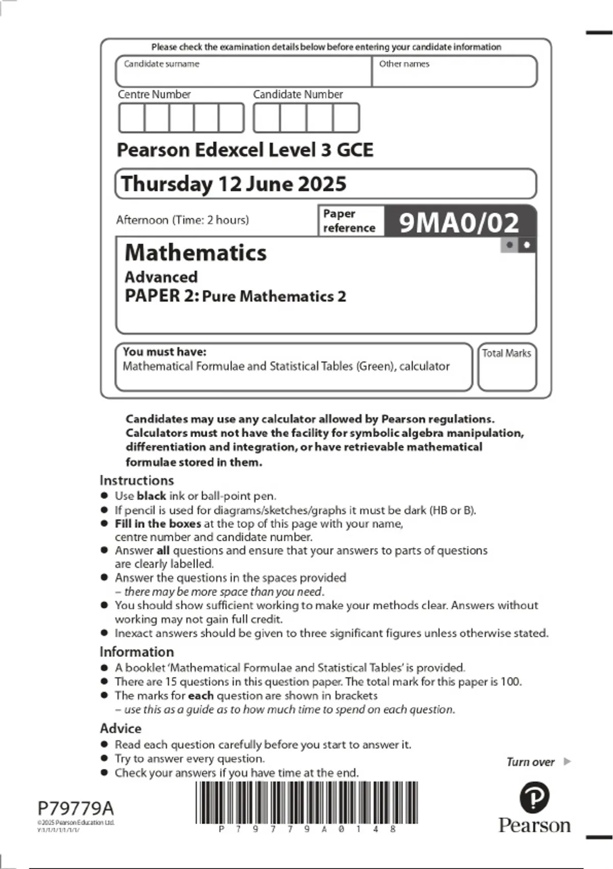 2025 Pearson Edexcel Level 3 GCE Mathematics Advanced PAPER 2: Pure ...