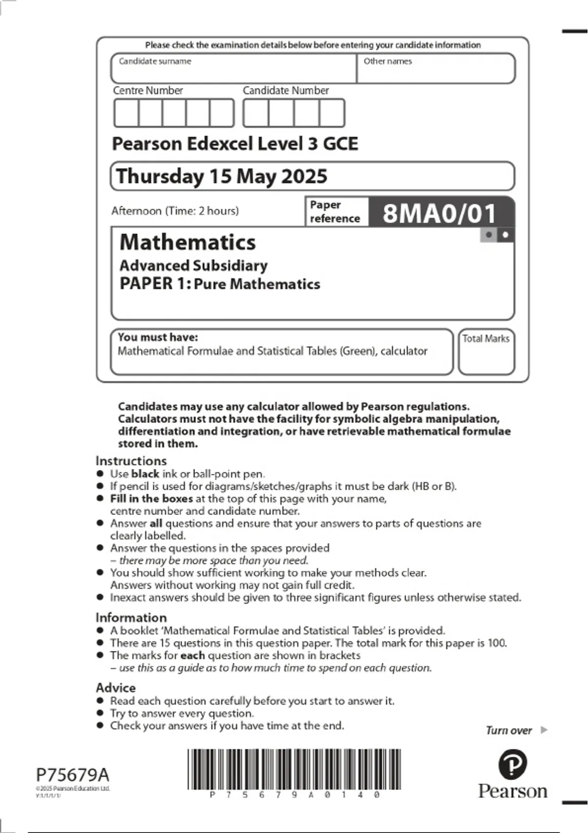 2025 Pearson Edexcel Level 3 GCE Mathematics Advanced Subsidiary PAPER ...