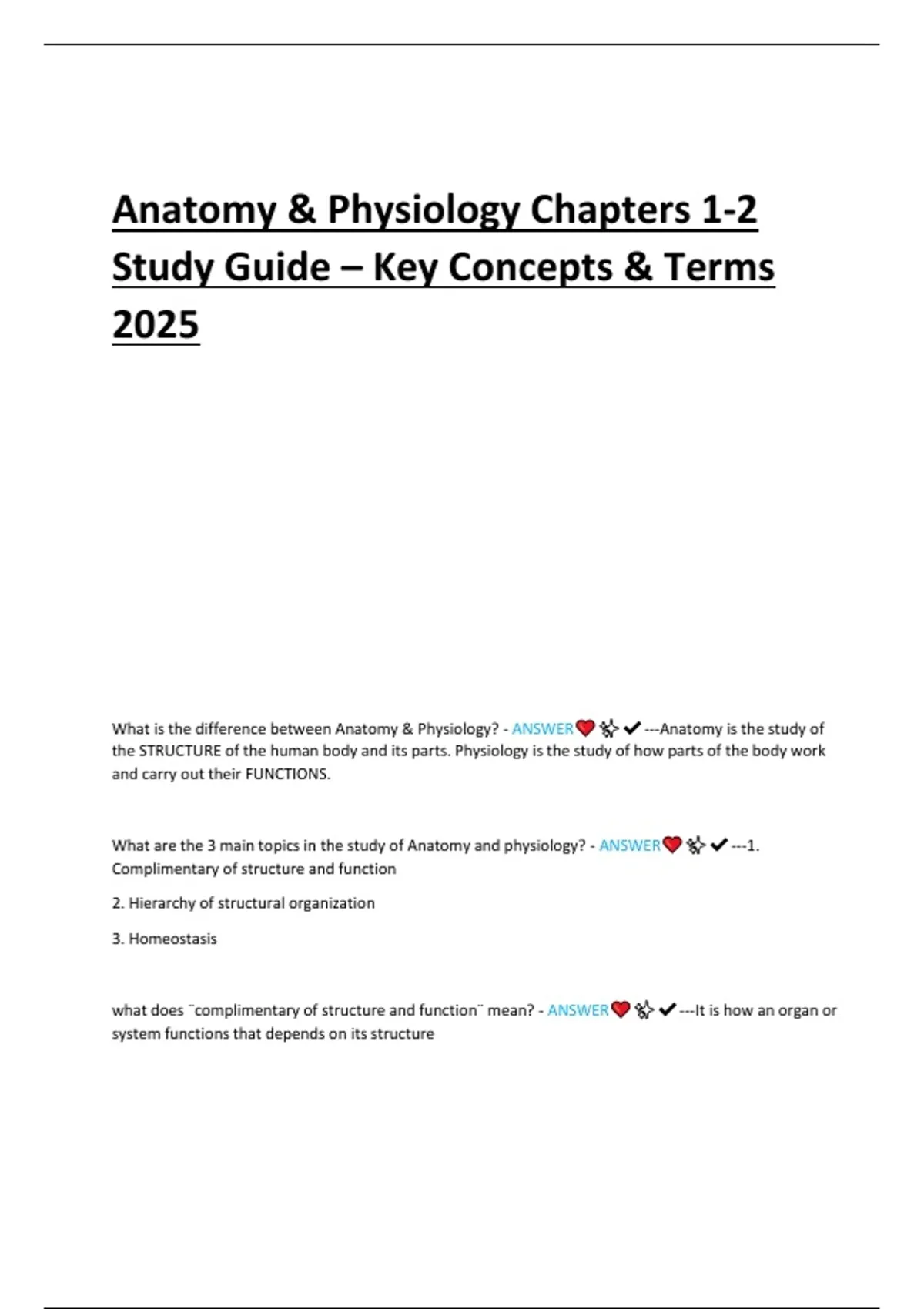 Anatomy & Physiology Chapters 1-2 Study Guide – Key Concepts & Terms ...