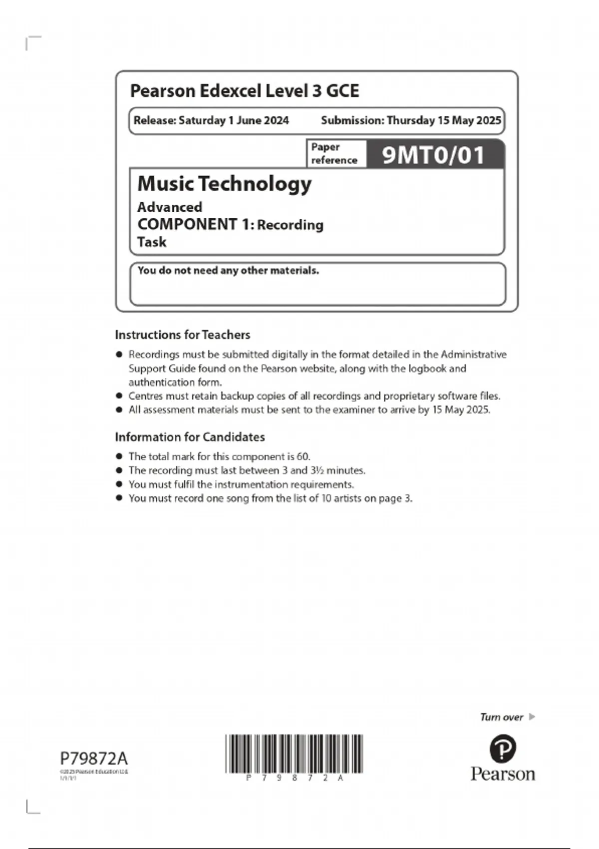 2025 Pearson Edexcel Level 3 GCE Music Technology Advanced COMPONENT 1 ...