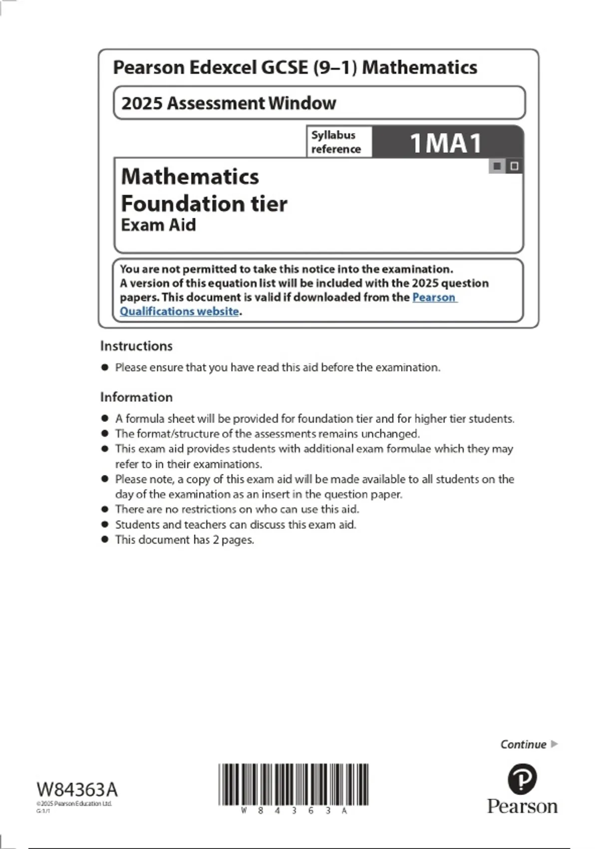 2025 Pearson Edexcel GCSE (9–1) Mathematics Foundation tier Exam Aid ...