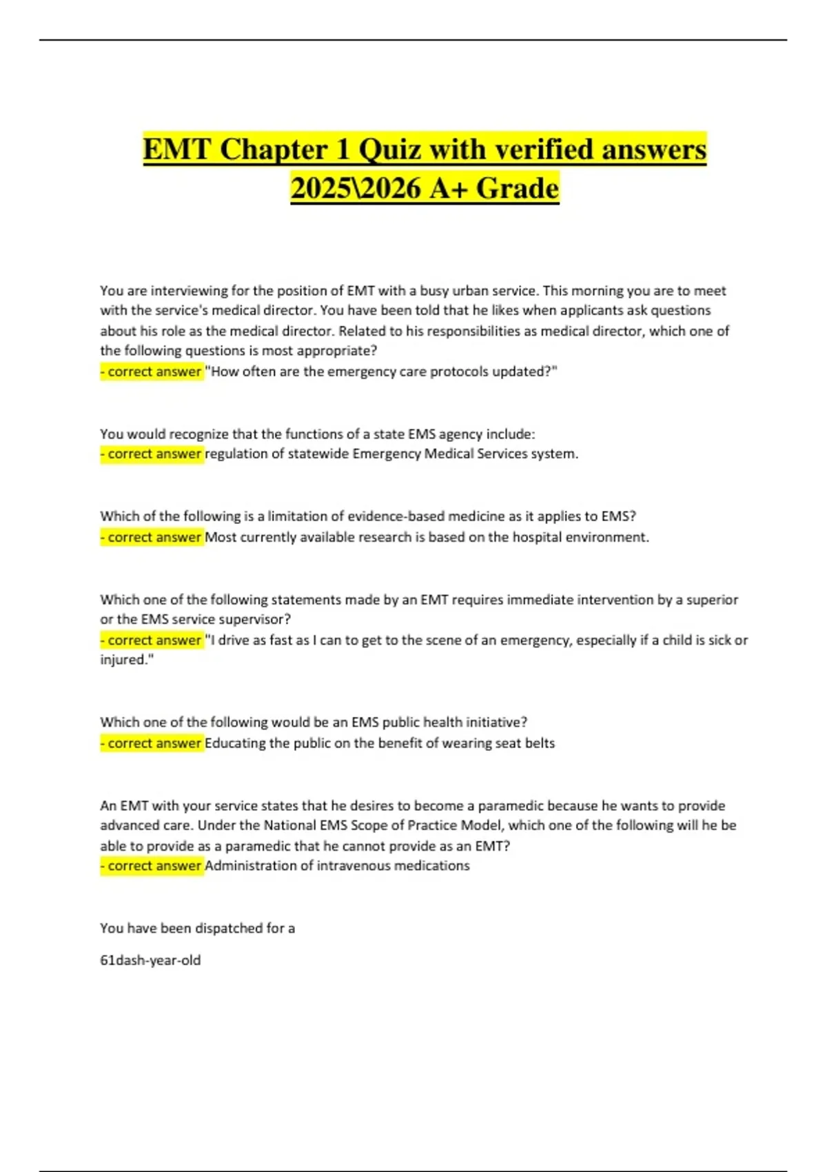 EMT Chapter 1 – Introduction to Emergency Medical Care | Verified Quiz ...