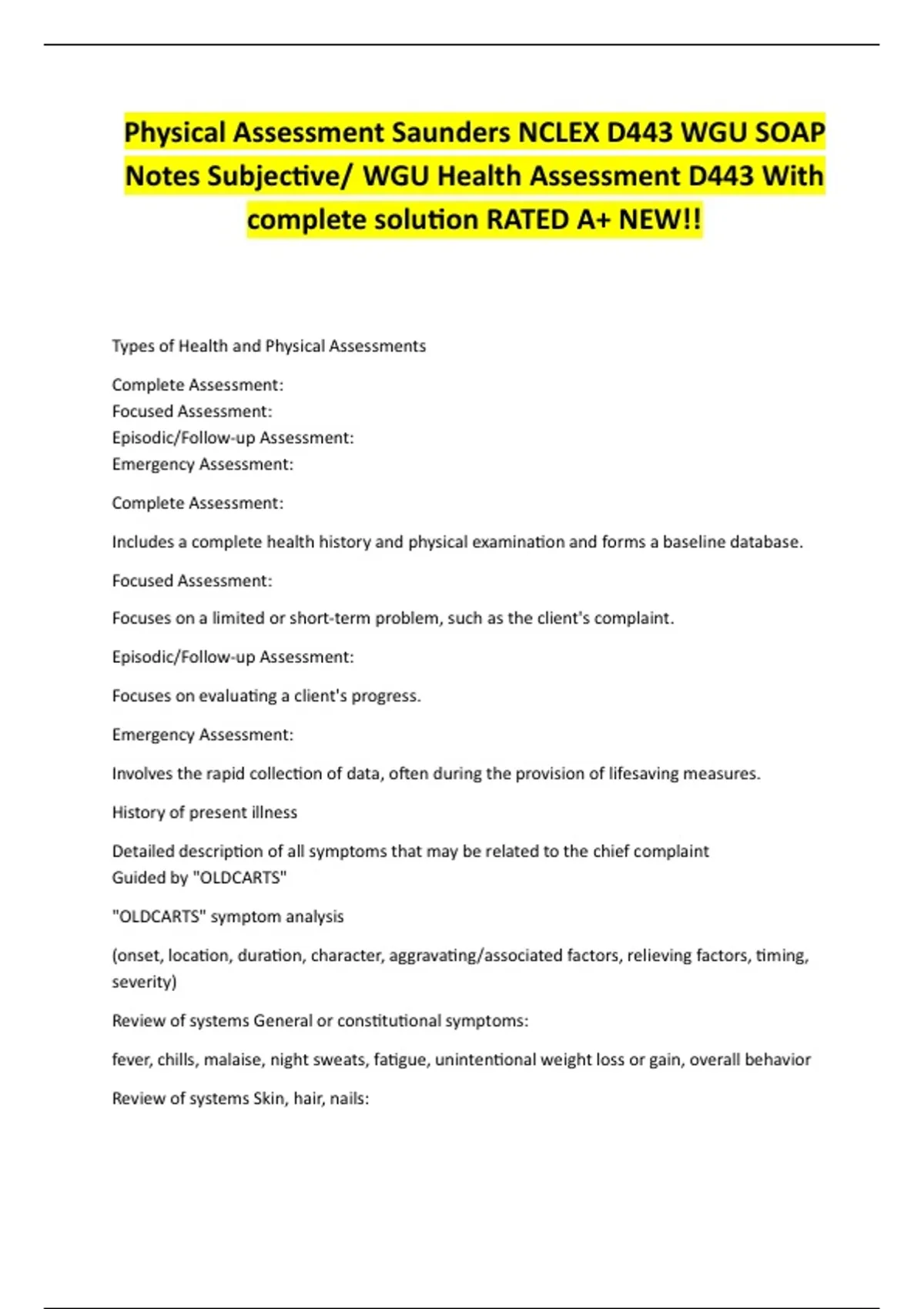 Physical Assessment Saunders NCLEX D443 WGU SOAP Notes Subjective/ WGU ...