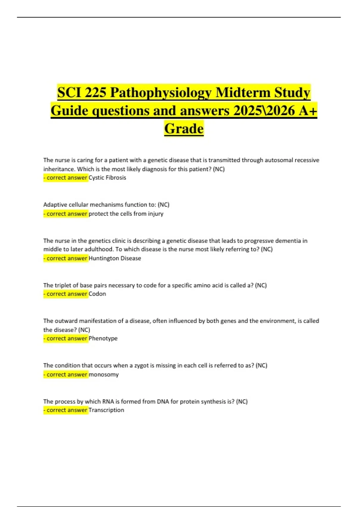SCI 225 Pathophysiology Midterm Study Guide | Verified Practice ...