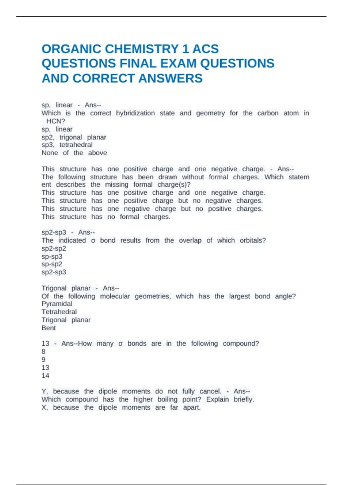 ORGANIC CHEMISTRY 1 ACS QUESTIONS FINAL EXAM QUESTIONS AND CORRECT ...