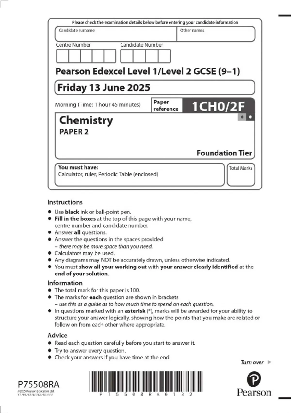 Edexcel Gcse Triple Science Foundation Tier Chemistry Paper 2 2025 ...
