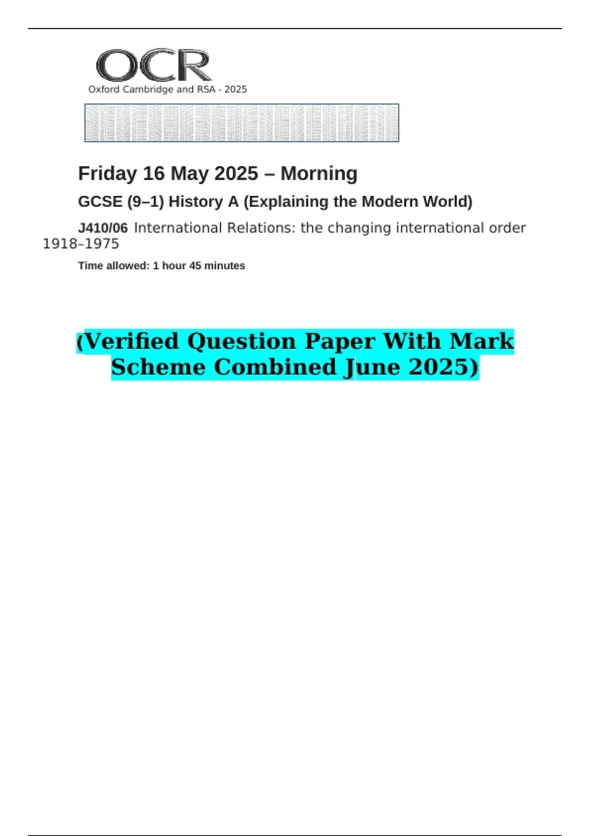 2025 GCSE (9–1) History A (Explaining the Modern World) J410/06 ...