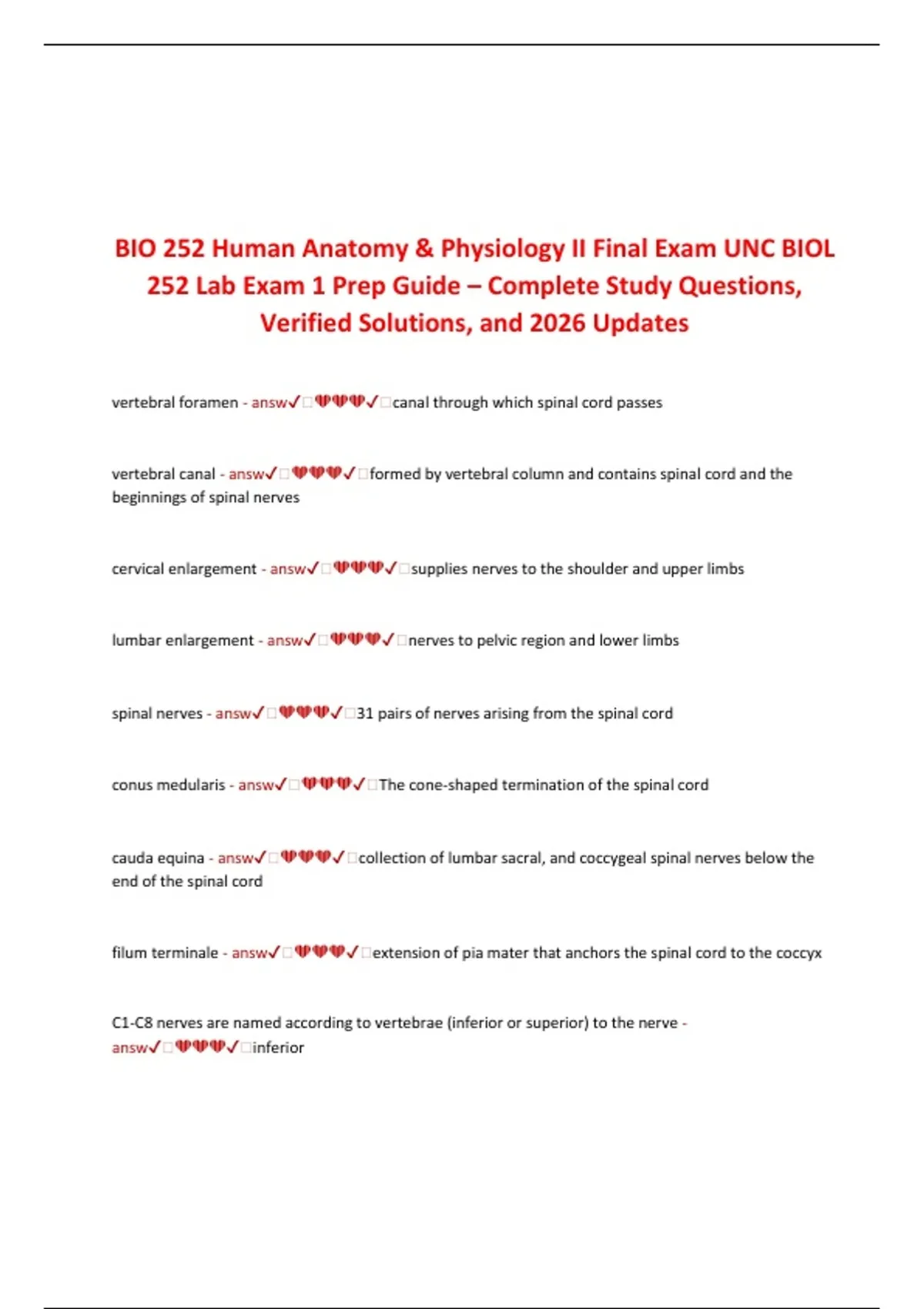 BIO 252 Human Anatomy & Physiology II Final Exam UNC BIOL 252 Lab Exam ...