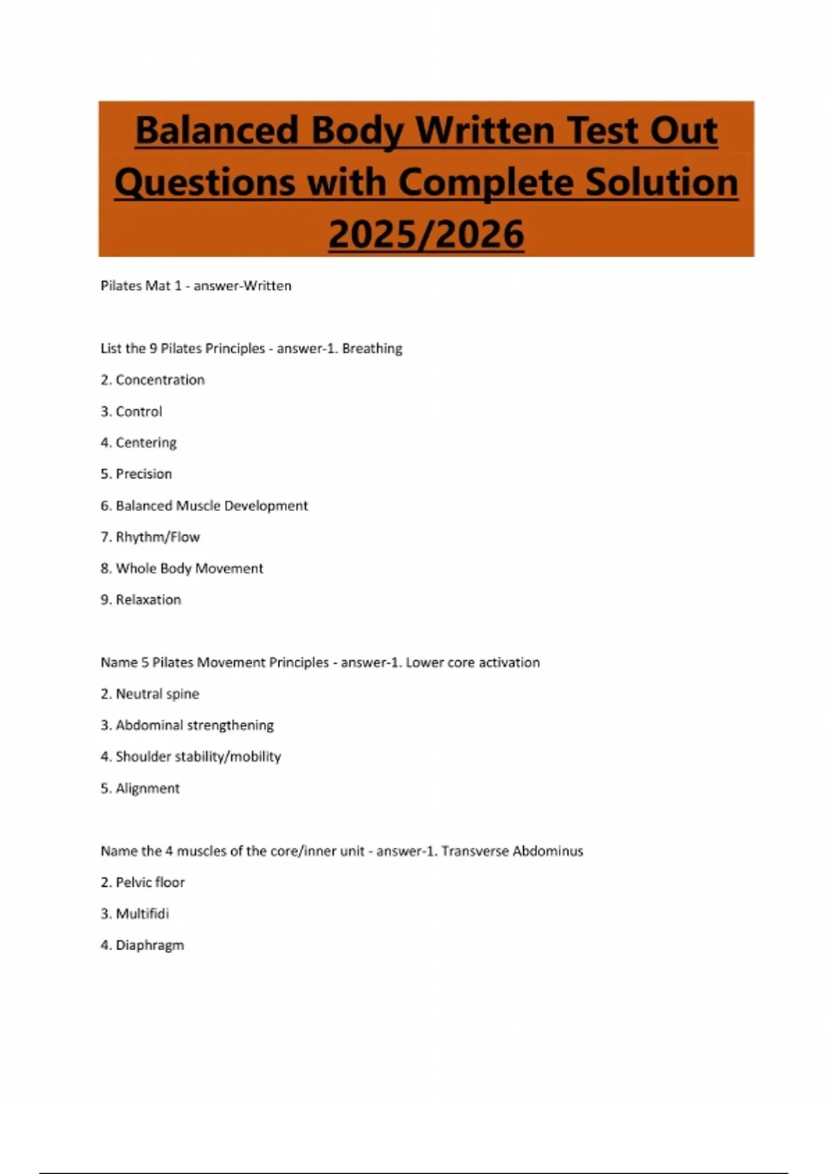 Balanced Body Written Test Out Questions with Complete Solution 2025/ ...
