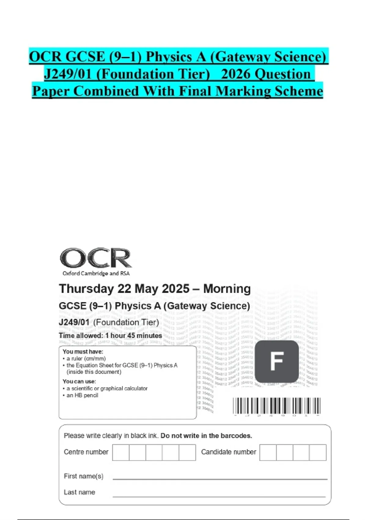 OCR GCSE (9–1) Physics A (Gateway Science) J249/01 (Foundation Tier ...