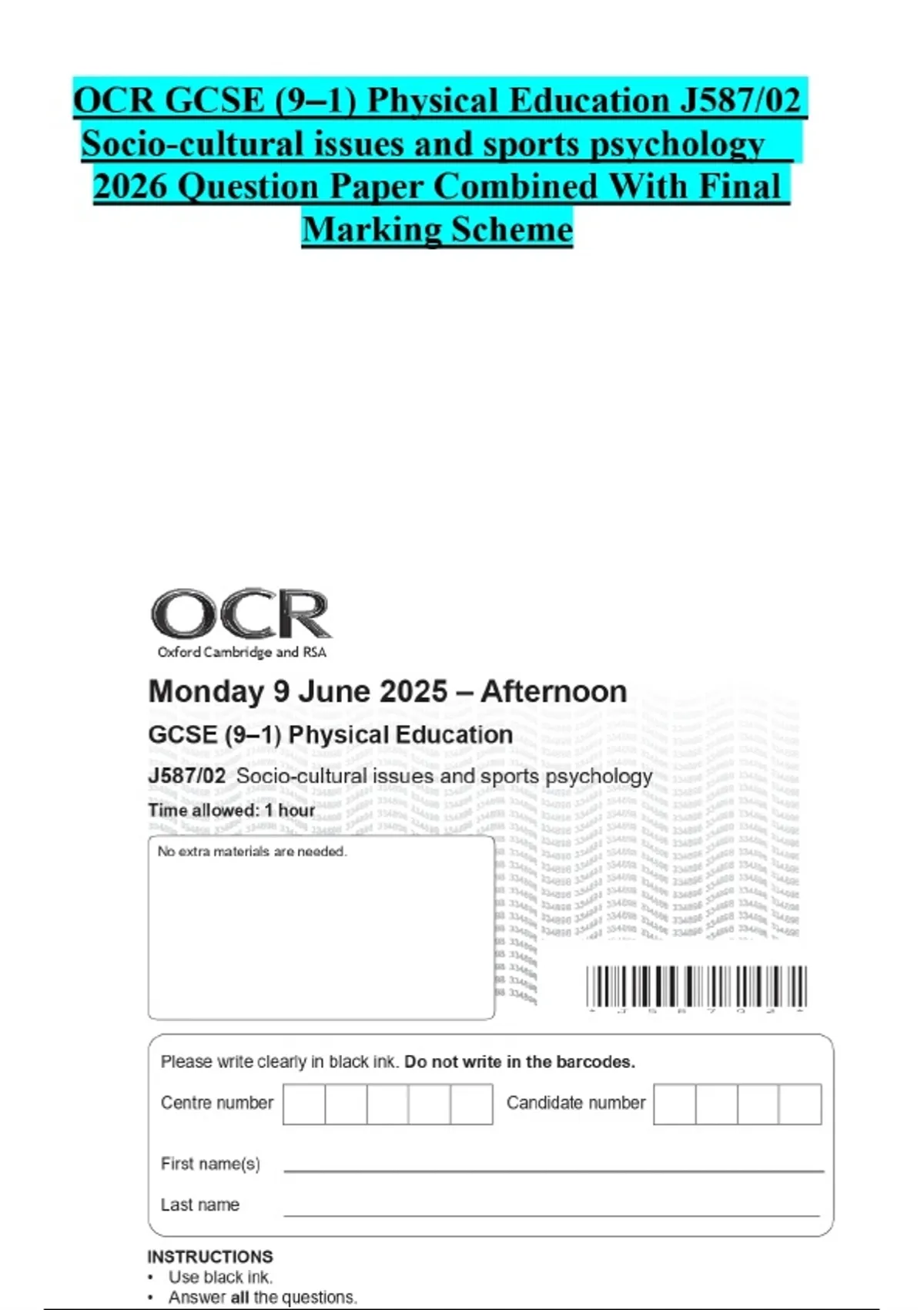 OCR GCSE (9–1) Physical Education J587/02 Socio-cultural issues and ...