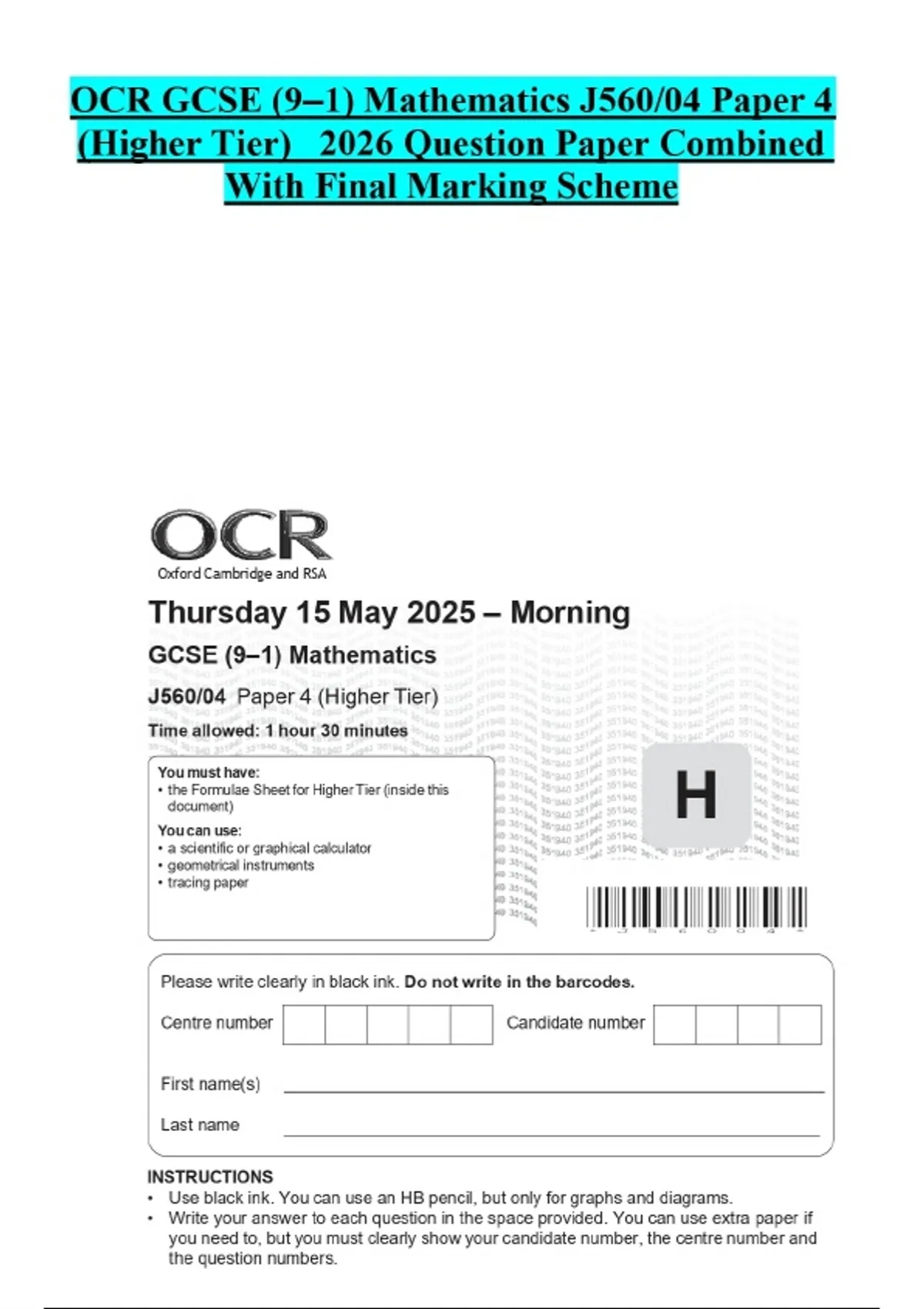 OCR GCSE (9–1) Mathematics J560/04 Paper 4 (Higher Tier) 2026 Question ...