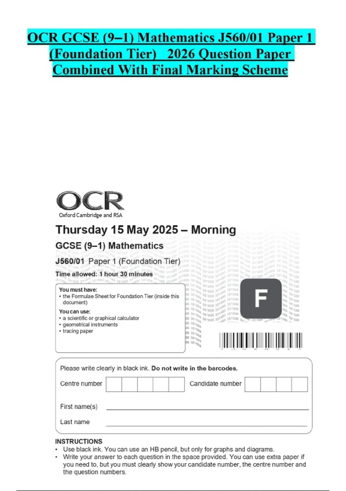 OCR GCSE (9–1) Mathematics J560/01 Paper 1 (Foundation Tier) 2026 ...