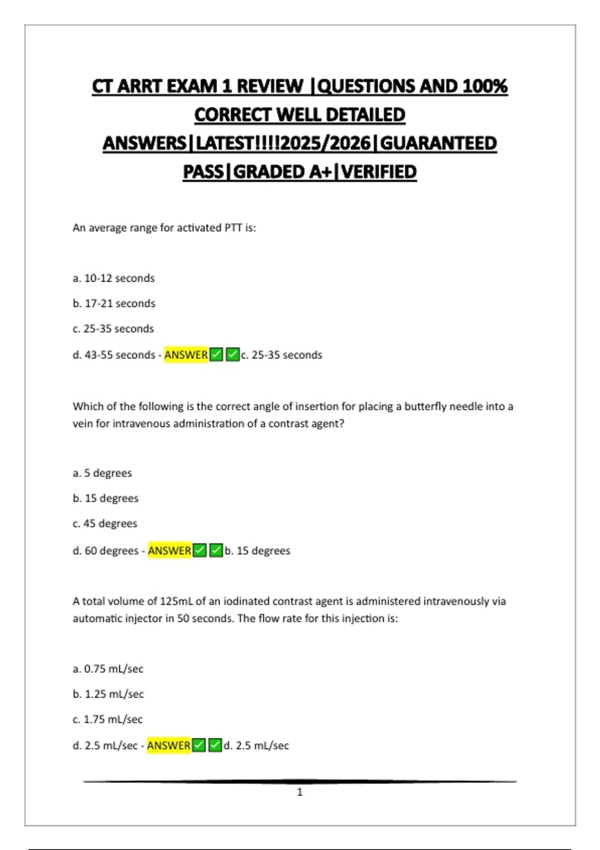 CT ARRT EXAM 1 REVIEW|QUESTIONS AND 100% CORRECT WELL DETAILED ANSWERS ...