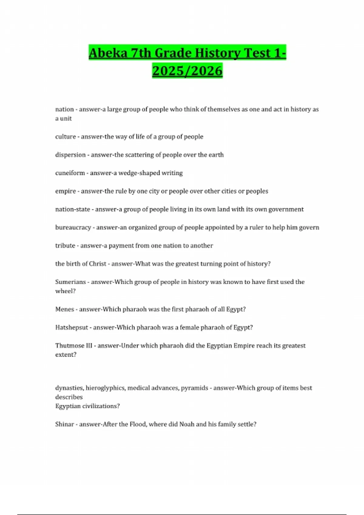 Abeka 7th Grade History Test 1- 2025/2026 - Abeka 7th Grade History ...