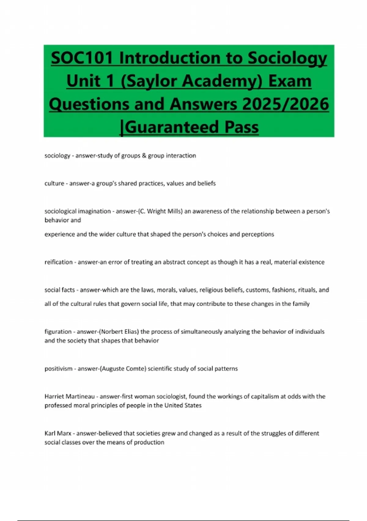 SOC101 Introduction to Sociology Unit 1 (Saylor Academy) Exam Questions ...