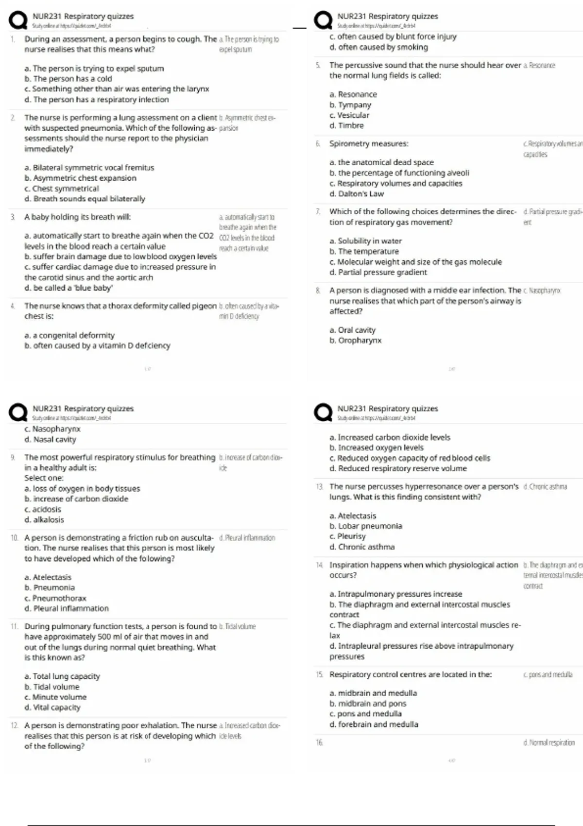 NUR231 Respiratory Quizzes / Nursing Respiratory System Practice ...