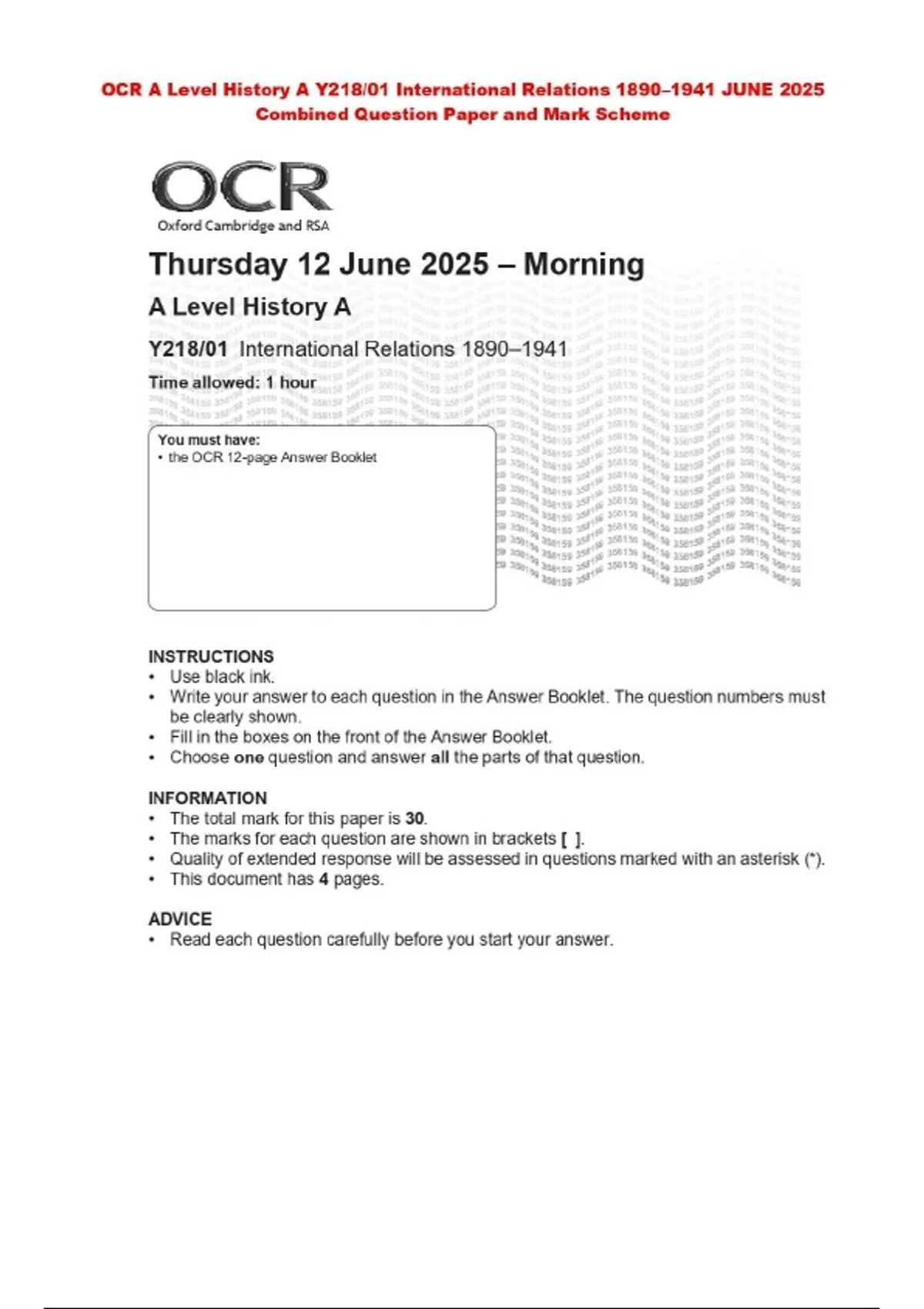 OCR A Level History A Y218/01 International Relations 1890–1941 JUNE ...