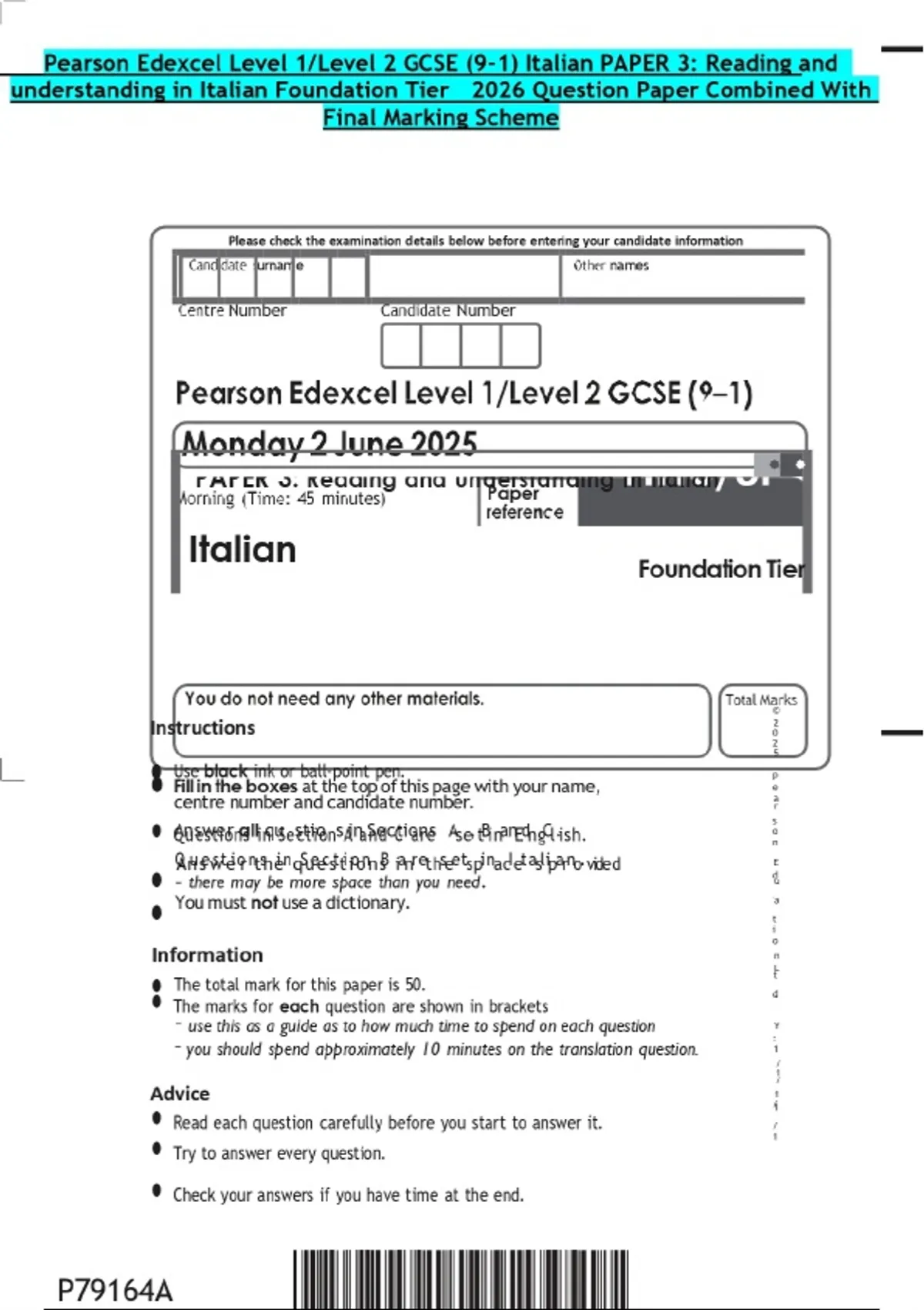 Pearson Edexcel Level 1/Level 2 GCSE (9–1) Italian PAPER 3: Reading and ...