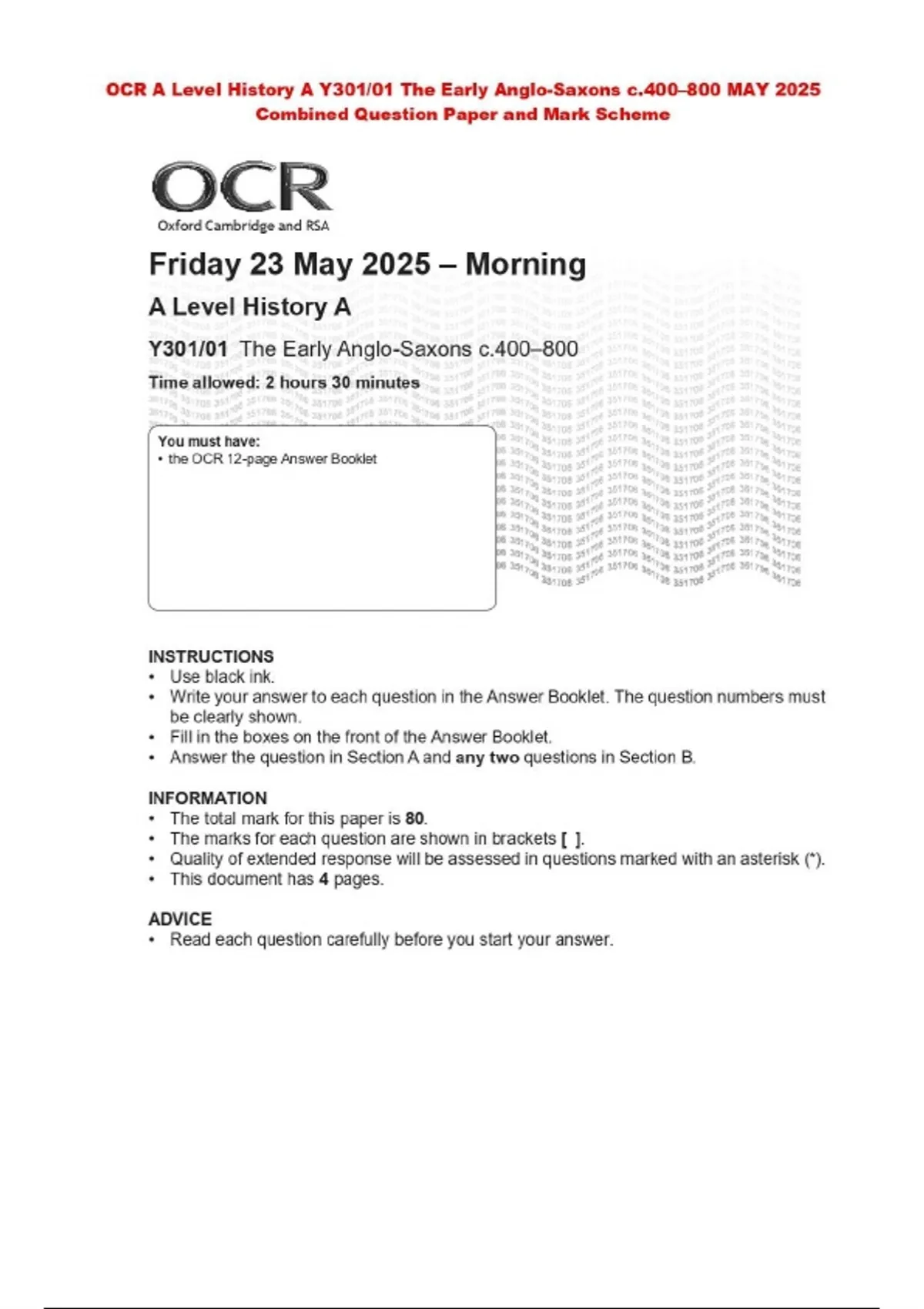 OCR A Level History A Y301/01 The Early Anglo-Saxons c.400–800 MAY 2025 ...